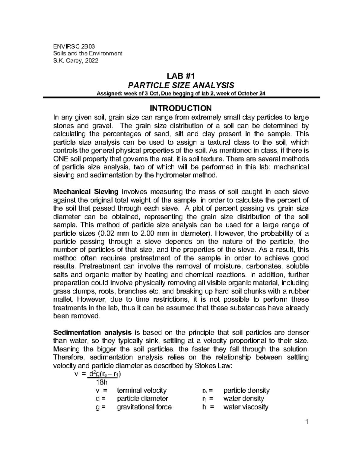 2B03-Lab1-Particle Size Analysis 2022 - Soils and the Environment S. Carey, 2022 LAB PARTICLE ...