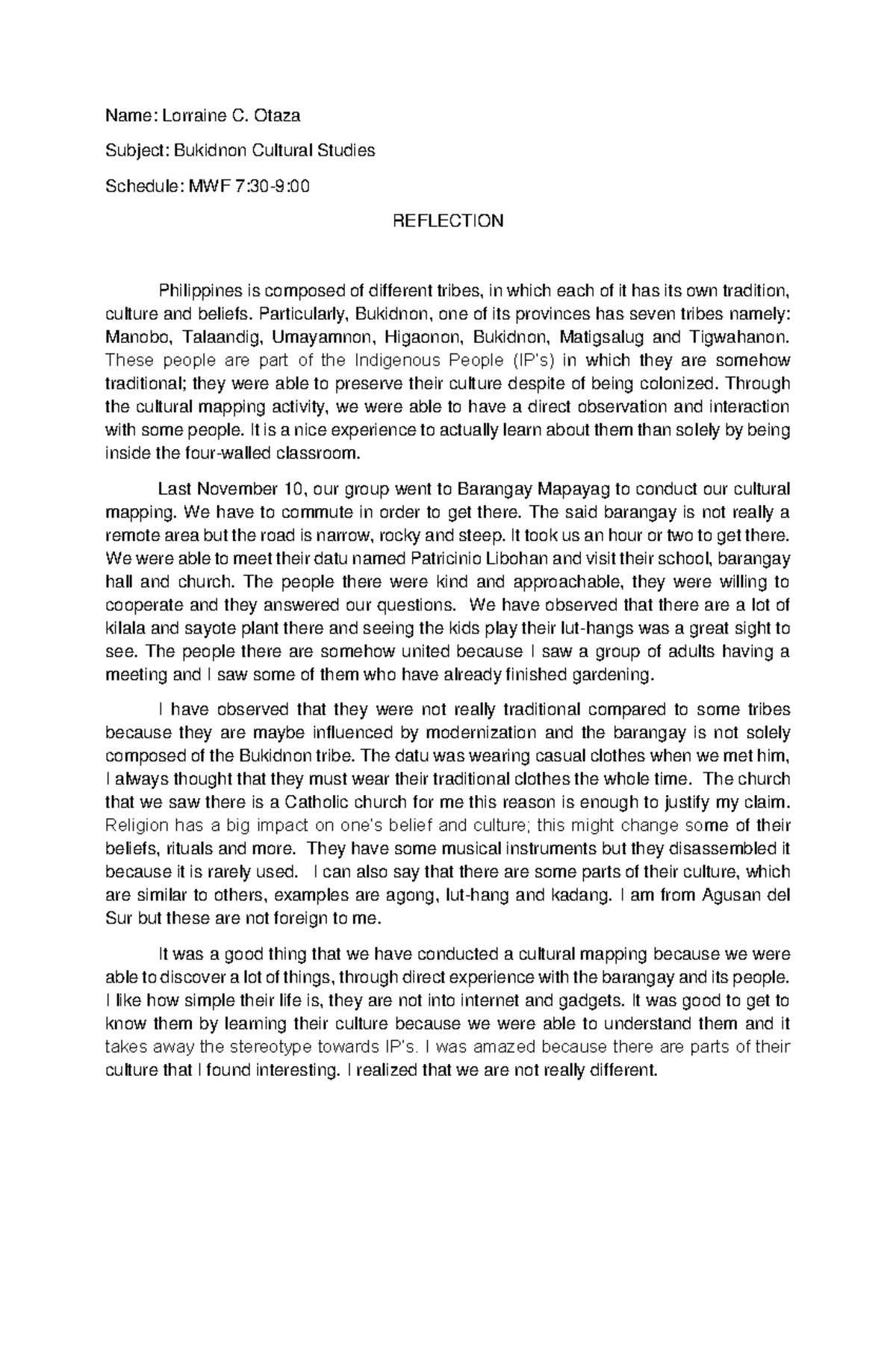 Reflection-cultural-mapping compress - Name: Lorraine C. Otaza Subject ...