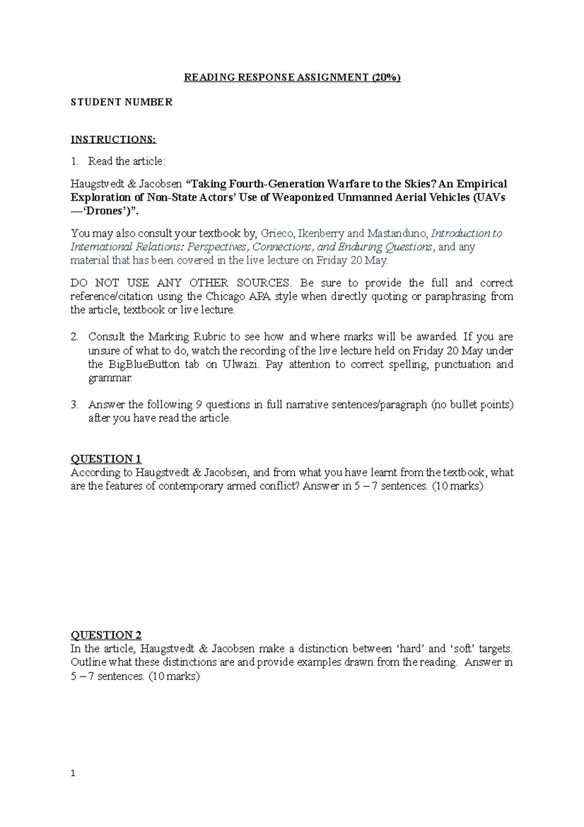 Reading Response 2 Assignment Questi ONS - READING RESPONSE ASSIGNMENT ...