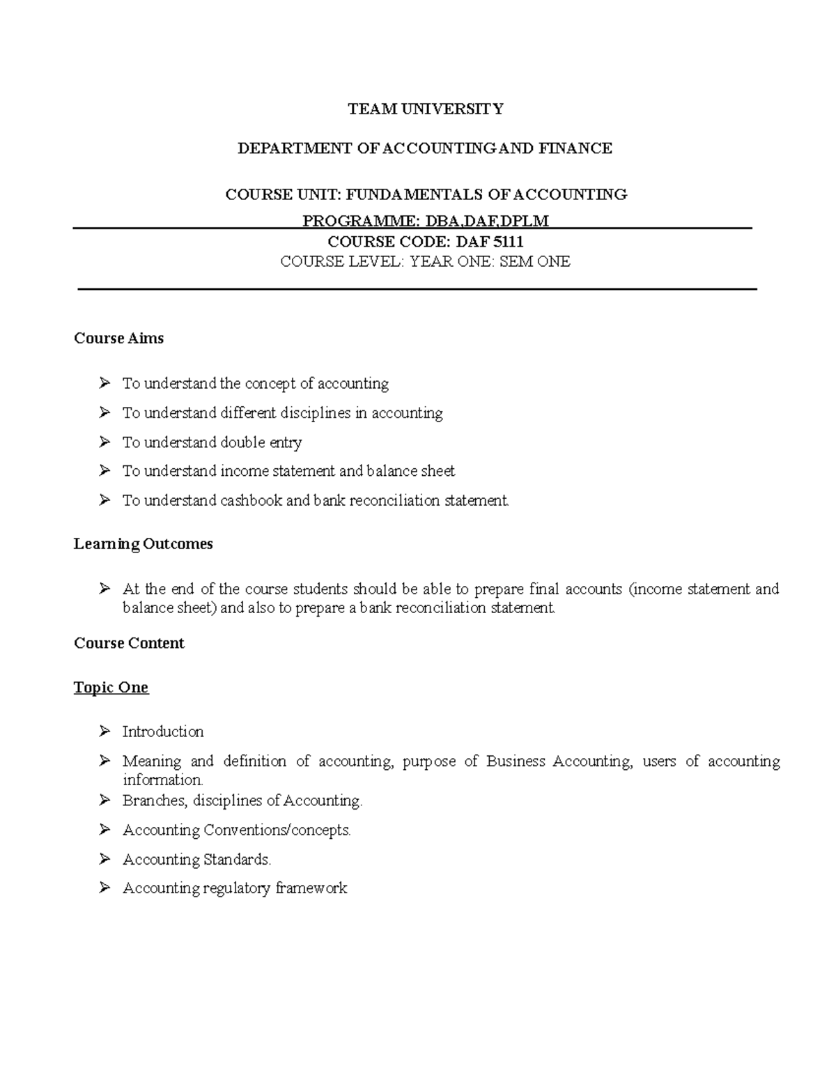 Fundamentals OF Accounting - TEAM UNIVERSITY DEPARTMENT OF ACCOUNTING ...