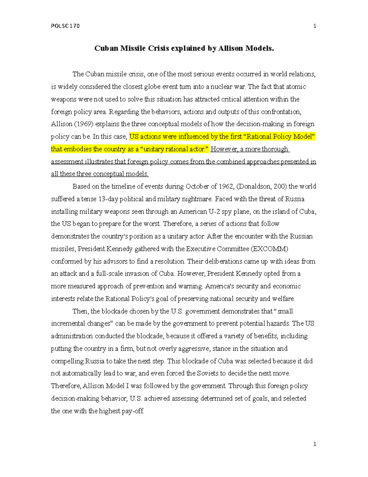 Cuban Missile Crisis Extra Credit - POLSC 170 1 Cuban Missile Crisis ...