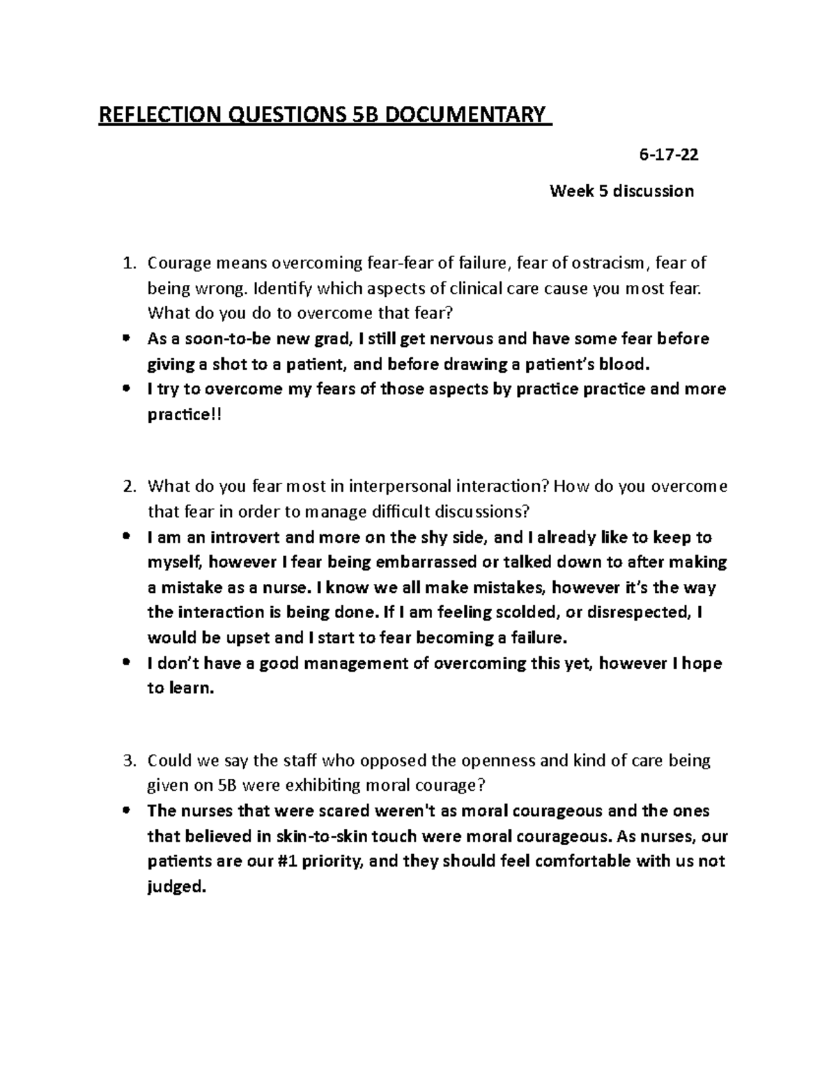 movie notes from class - REFLECTION QUESTIONS 5B DOCUMENTARY 6-17- Week ...