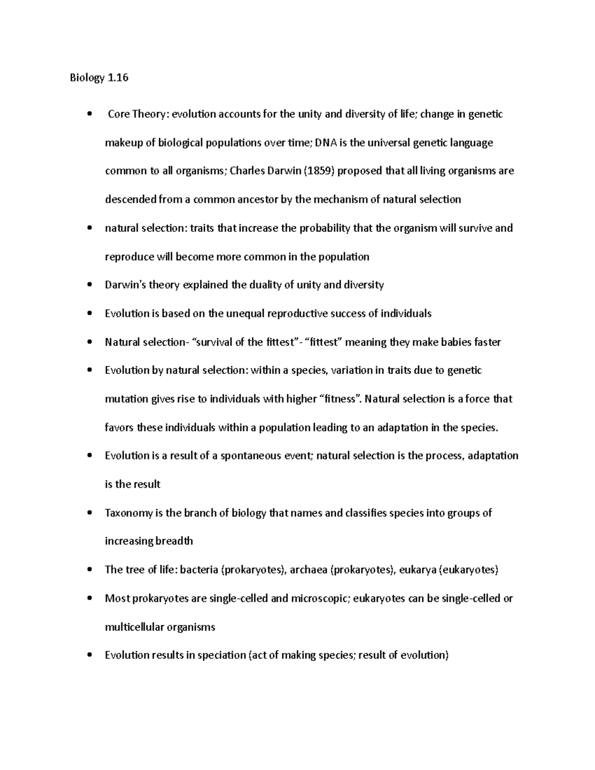 Biology Lecture Notes - Biology 1 Core Theory: evolution accounts for ...