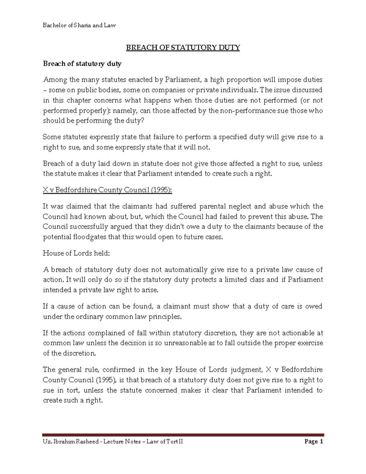19. Breach OF Statutory DUTY - Bachelor of Sharia and Law Uz. Ibrahim ...
