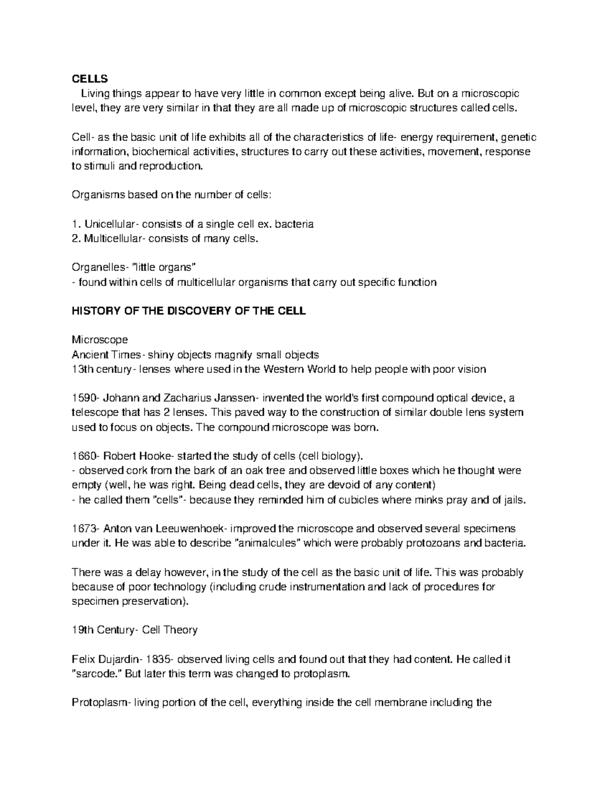 Cells handout - HELPFUL BIOLOGY MATERIAL - CELLS Living things appear ...