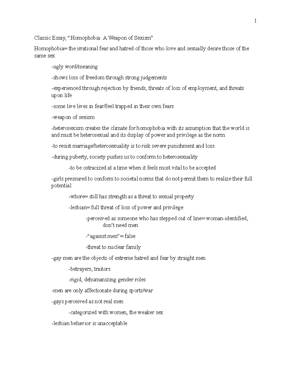 Classic Essay 5 - 1 Classic Essay, “Homophobia: A Weapon of Sexism ...