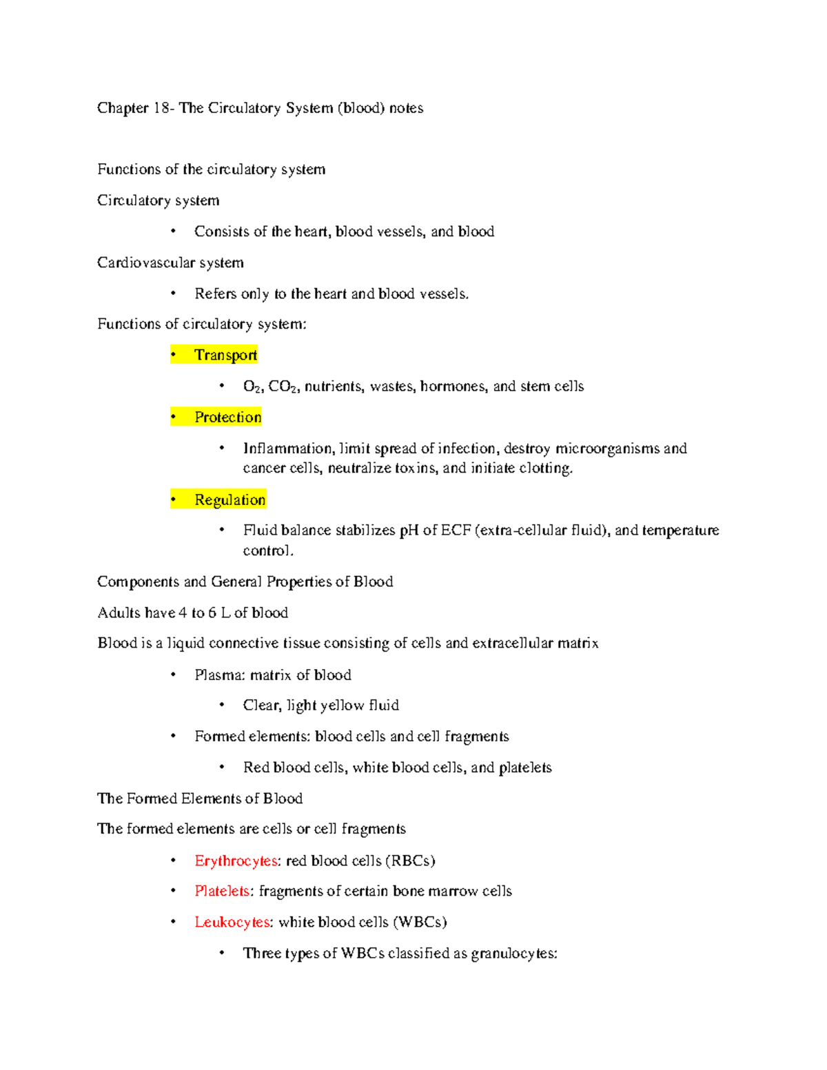 Chapter 18- notes - Chapter 18- The Circulatory System (blood) notes ...