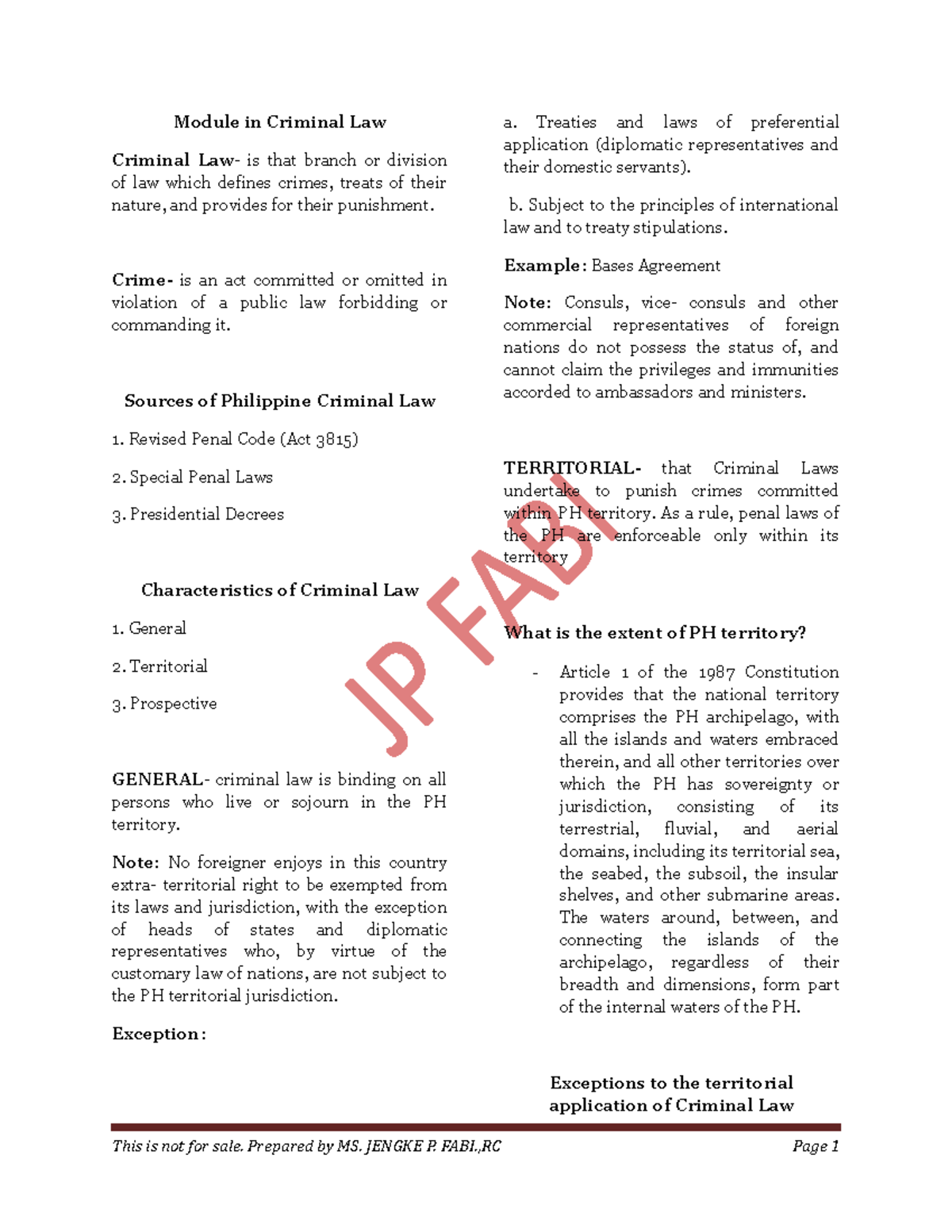 Criminal Law Week 1 prelims 2 - Module in Criminal Law Criminal Law- is that branch or division ...