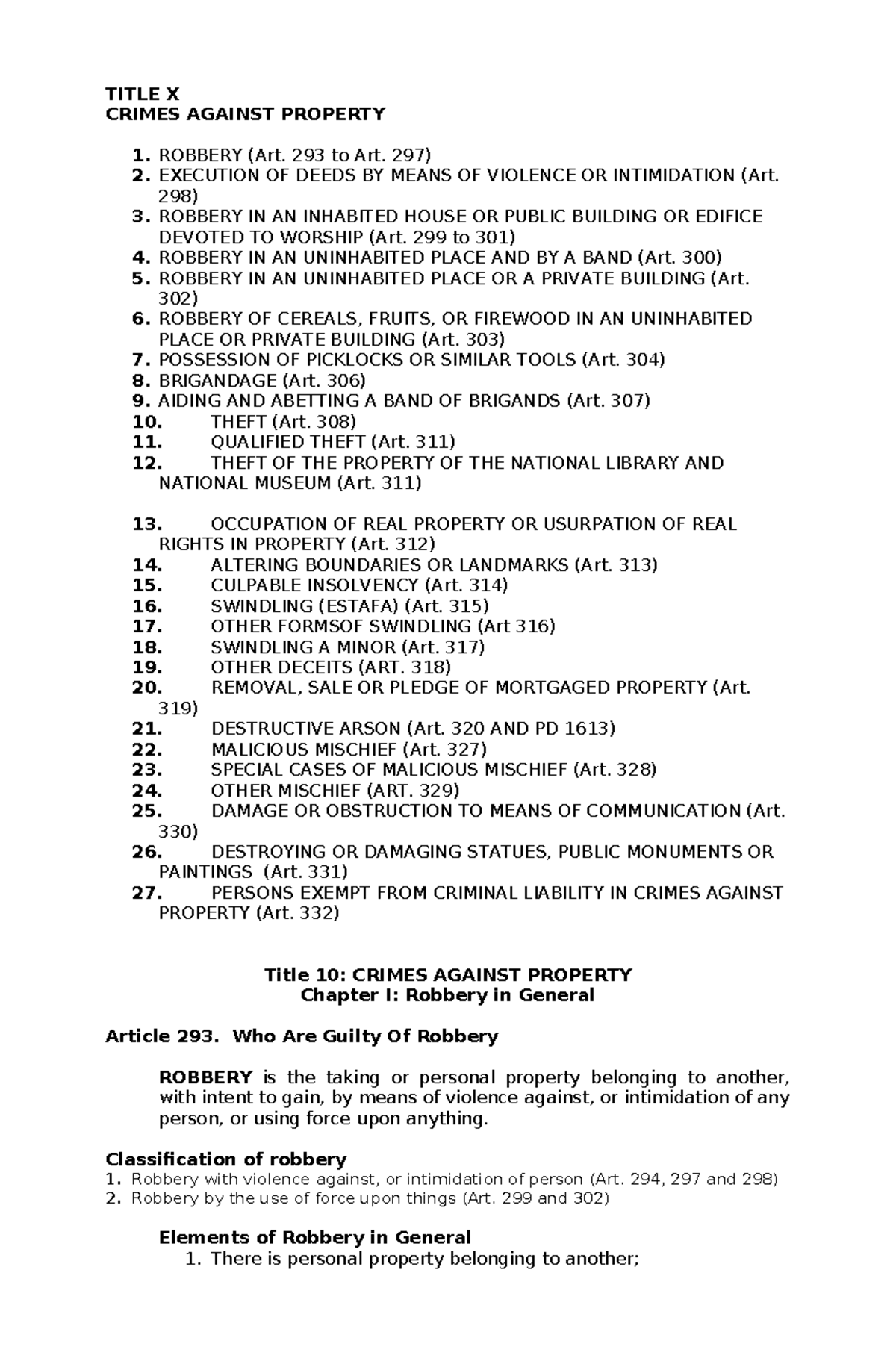 Notes in book2 part 8 - Book 2 criminal law - TITLE X CRIMES AGAINST ...