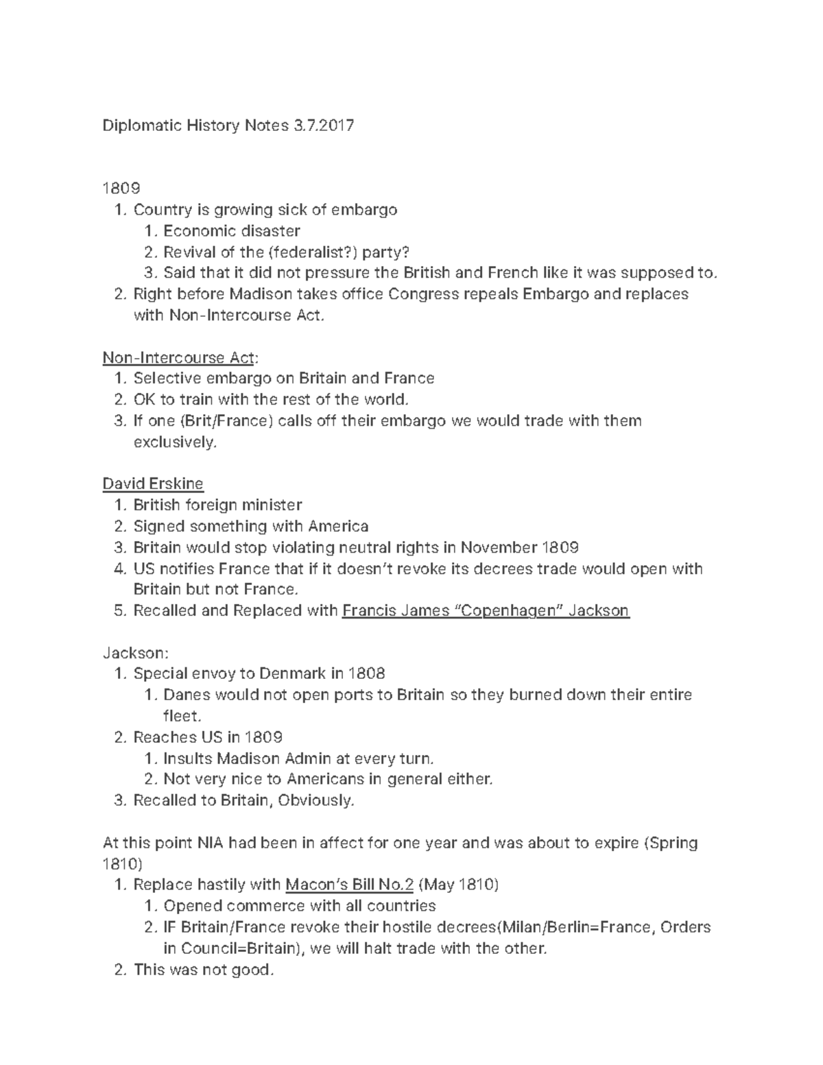 Diplomatic History 3.7 - Diplomatic History Notes 3.7 1809 !. Country ...