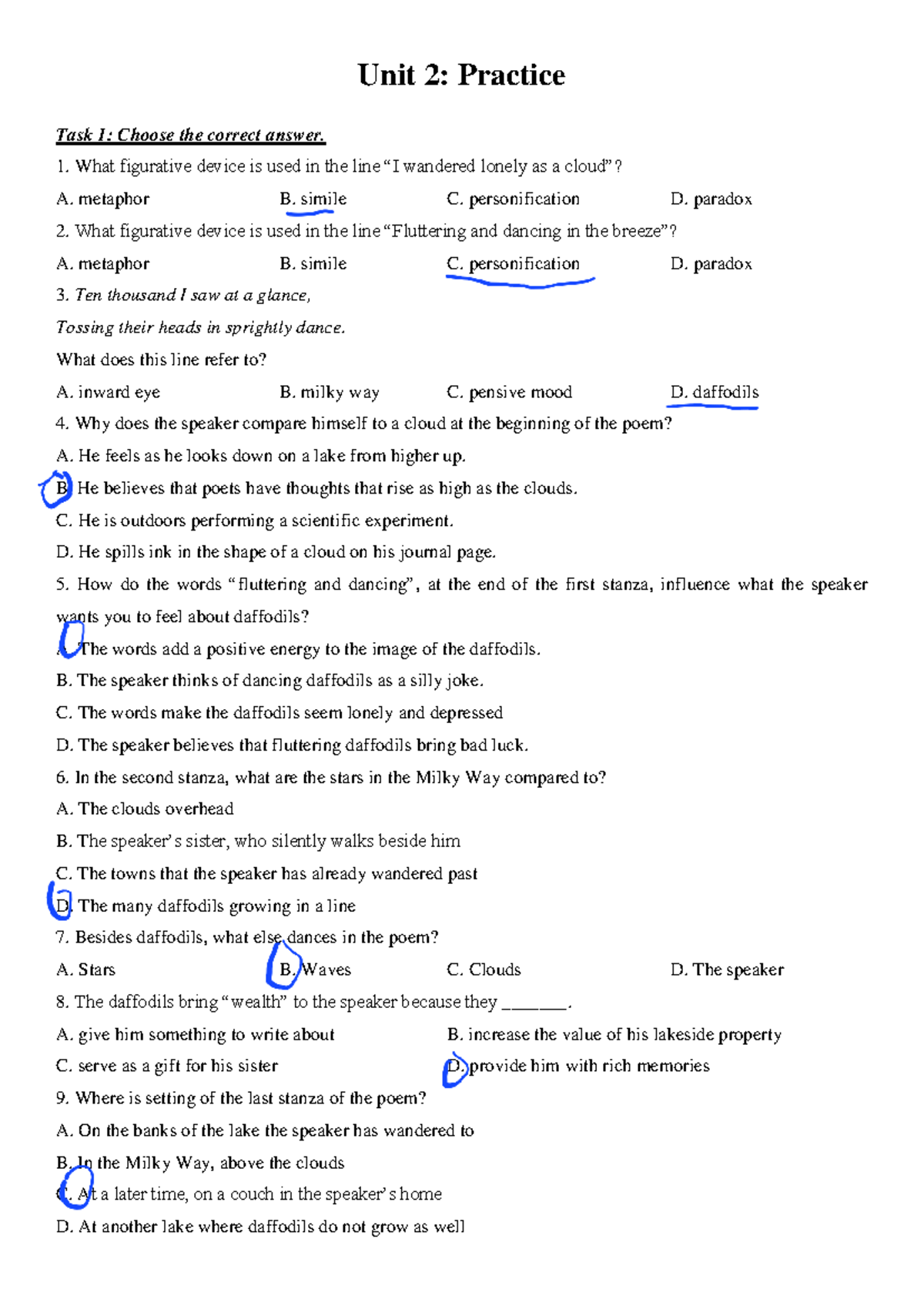 Literature practice: multiple choice & paragraph - Unit 2: Practice ...