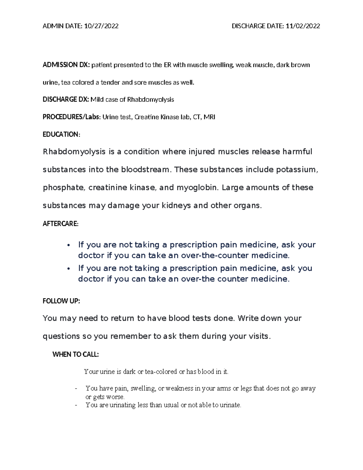 Discharge Instructions - ADMIN DATE: 10/27/2022 DISCHARGE DATE: 11/02 ...