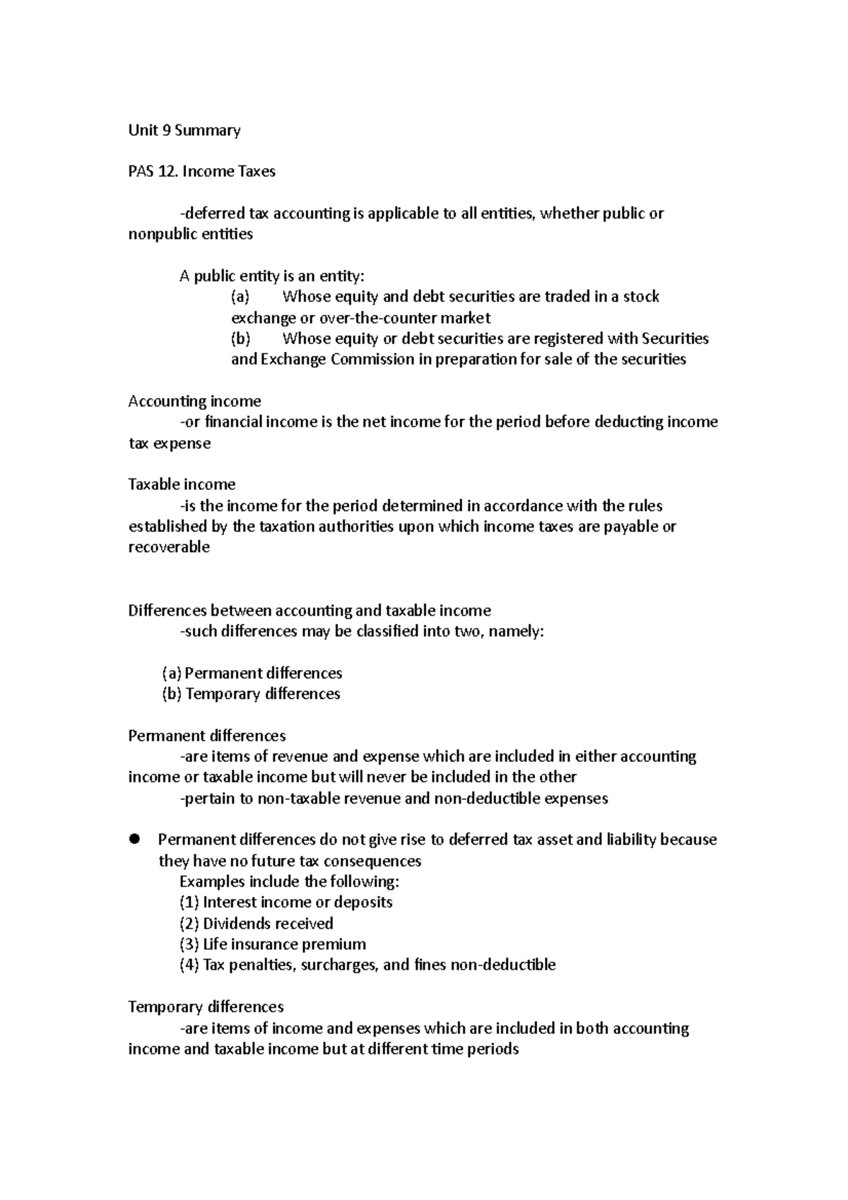 Unit 9 Summary - cfas - Unit 9 Summary PAS 12. Income Taxes -deferred ...