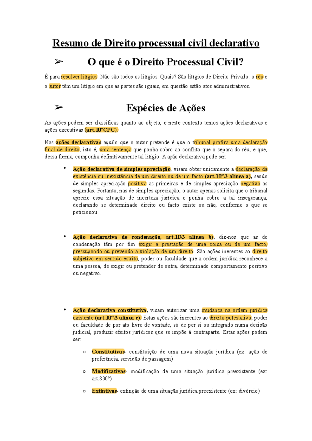Processo Declarativo - Resumo de Direito processual civil declarativo O que é o Direito ...