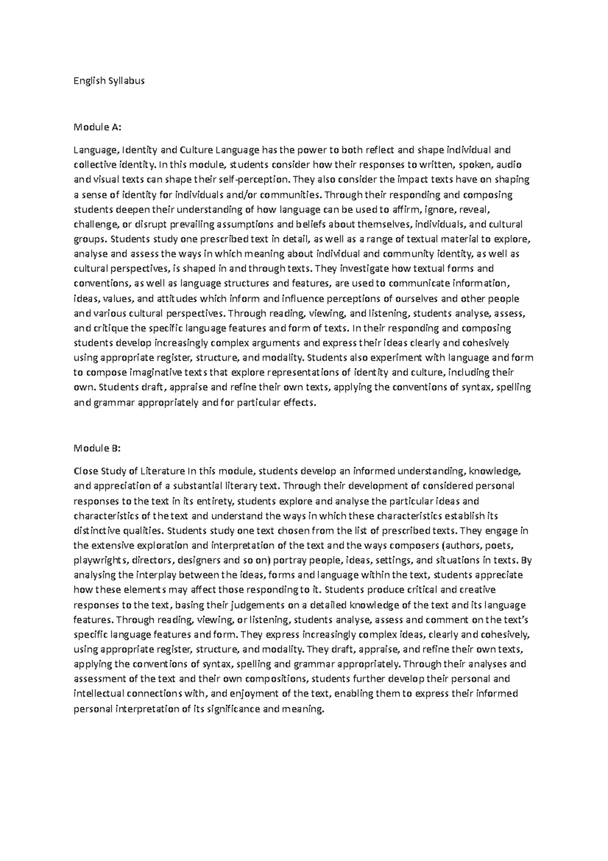 English Syllabus - English Syllabus Module A: Language, Identity and ...