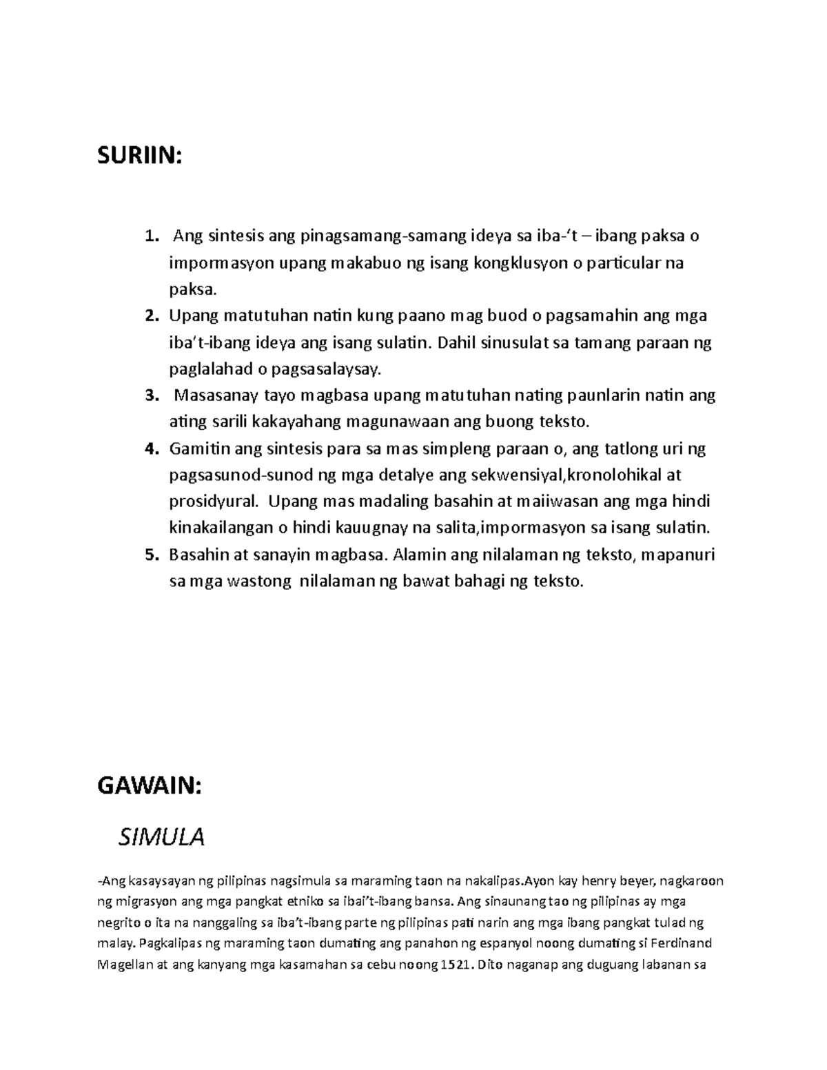 FILIPINO Linggo 3 Sintesis Gawain G-10 - SURIIN: 1. Ang sintesis ang ...