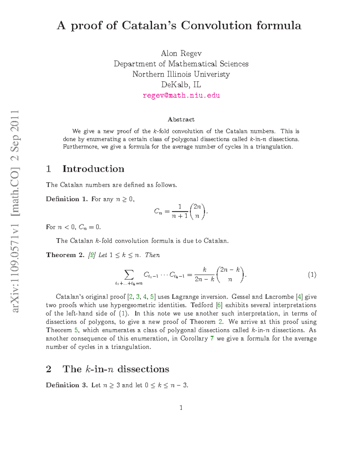 A proof of Catalan’s Convolution formula - arXiv:1109 [math] 2 Sep 2011 ...