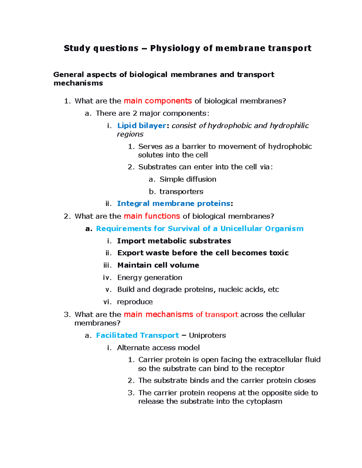 Study questions–Physiology of membrane transport - Study questions ...