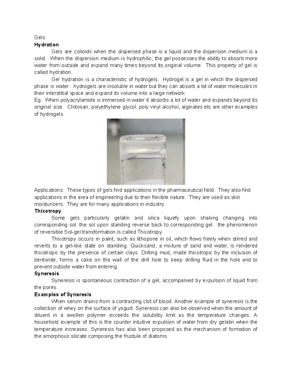 Gels 2 Vocational Course Notes - Gels Hydration Gels are colloids when ...