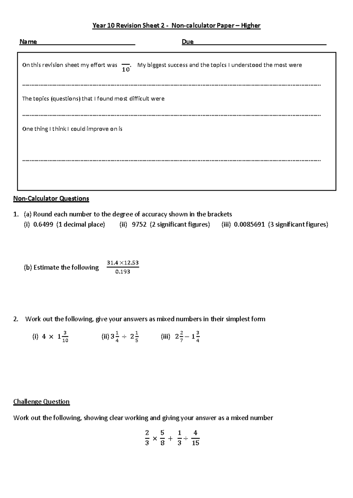 Year 10 Revision Sheet 2 - Non Calc - Higher - Write on - Name Due Non ...