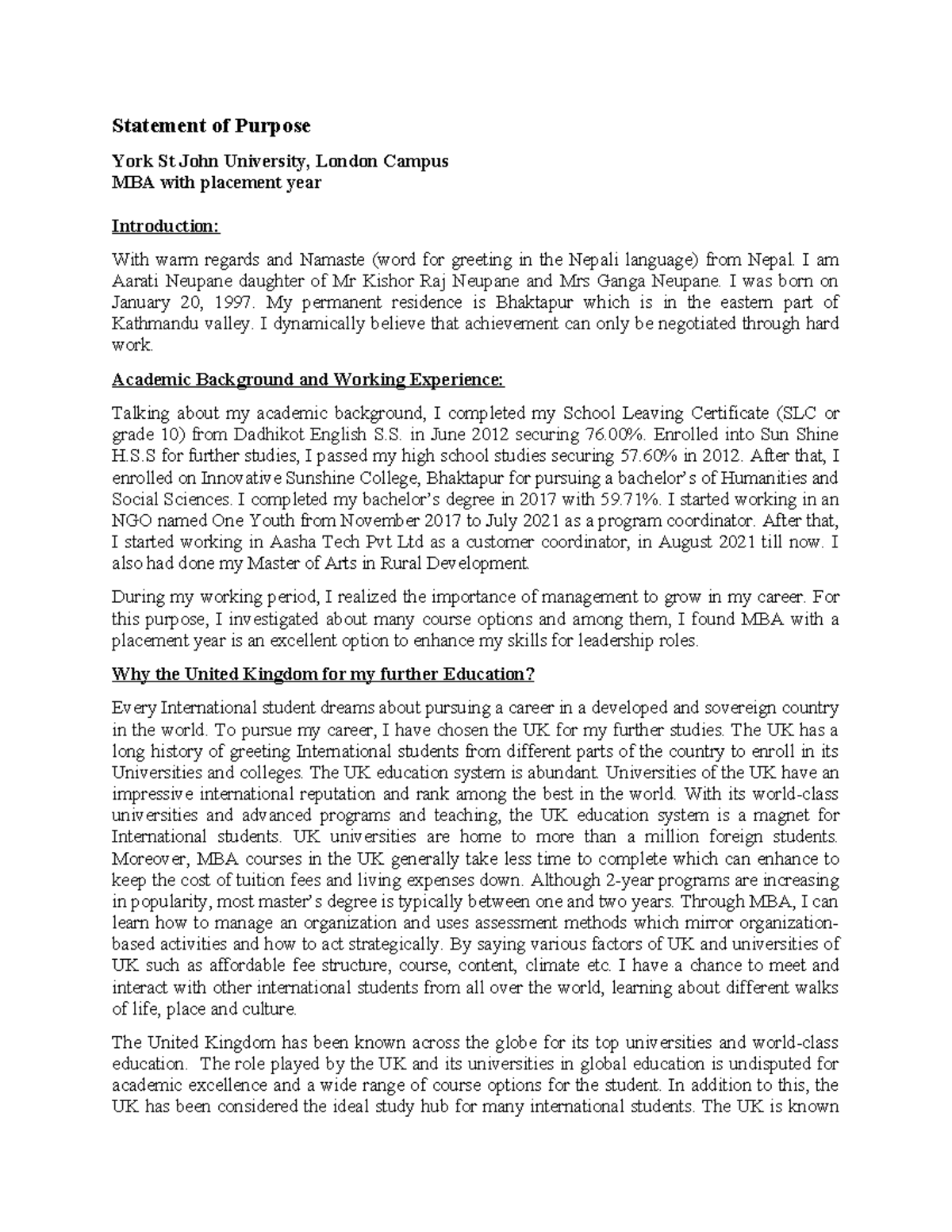 SOP of Aarati - SOP for UK student visa - Statement of Purpose York St ...