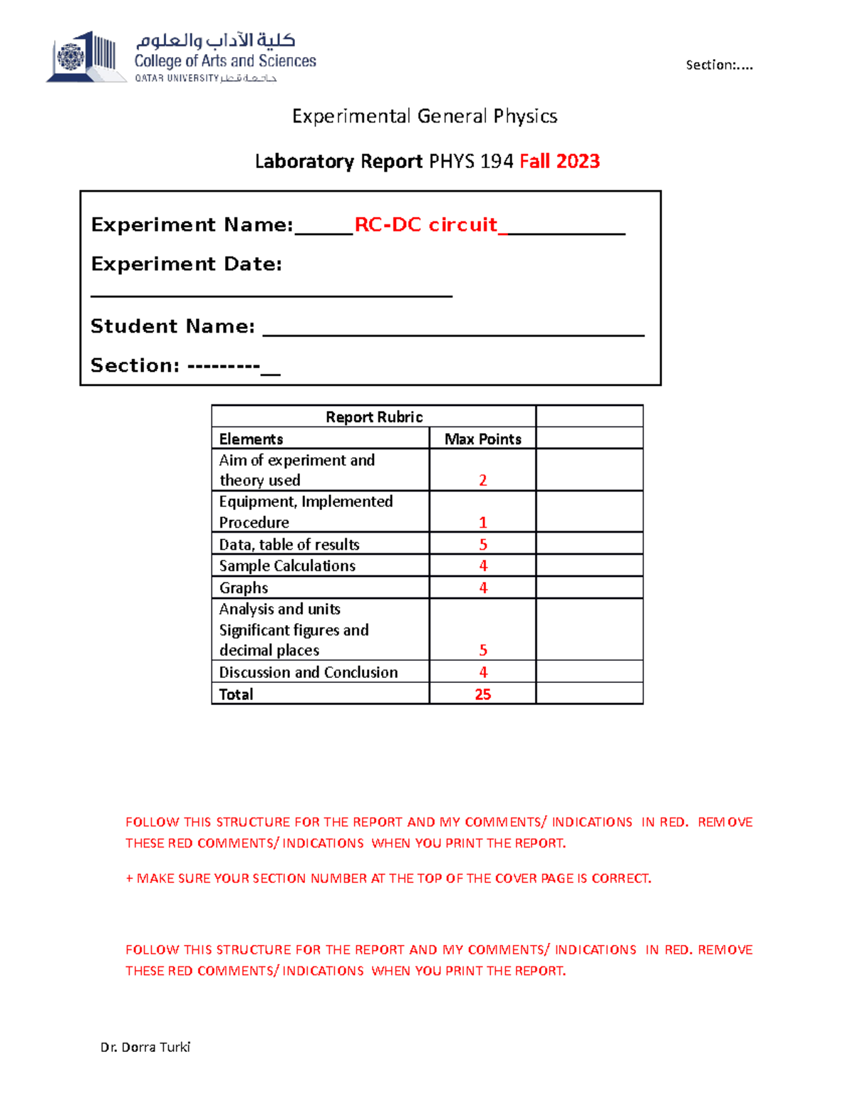 3. Template RC-Dc Circuit - Experimental General Physics Laboratory Report PHYS 194 Fall 2023 ...
