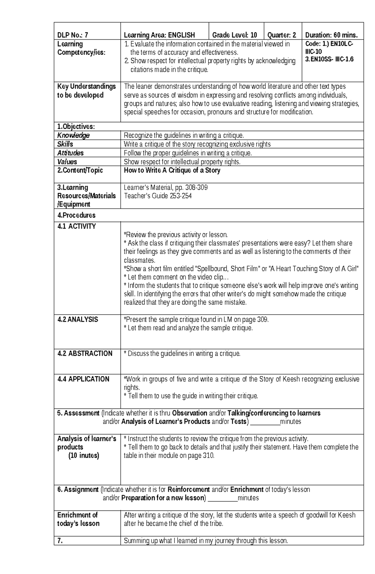 DLP 7 - Lesson Plan - DLP No.: 7 Learning Area: ENGLISH Grade Level: 10 ...