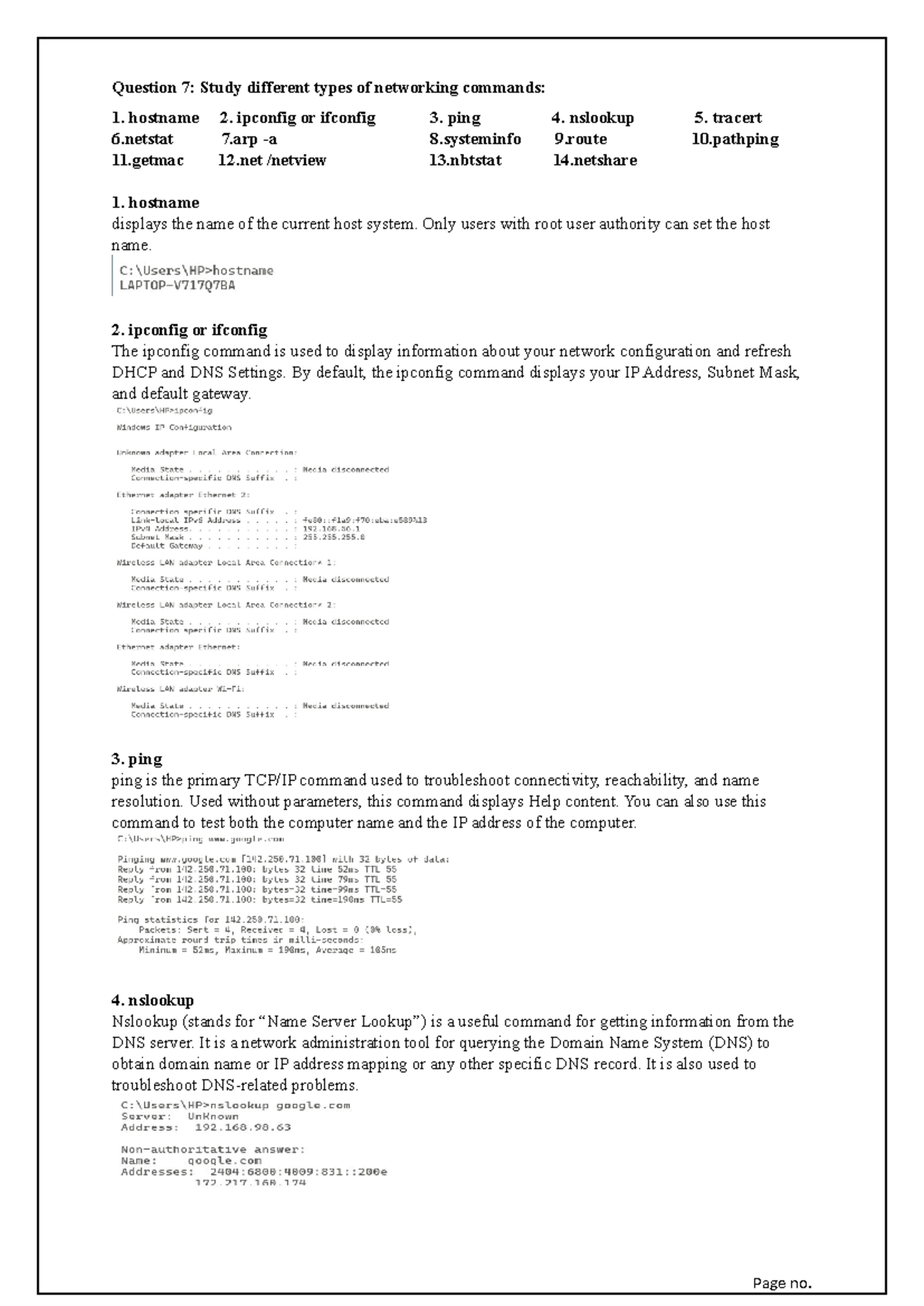 Cn assignment - Question 7: Study different types of networking commands: hostname 2. ipconfig ...
