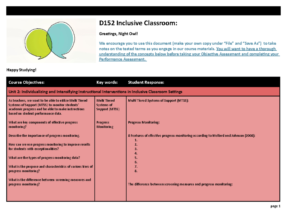 D152 Inclusive Classroom Notes - D152 - WGU - Studocu