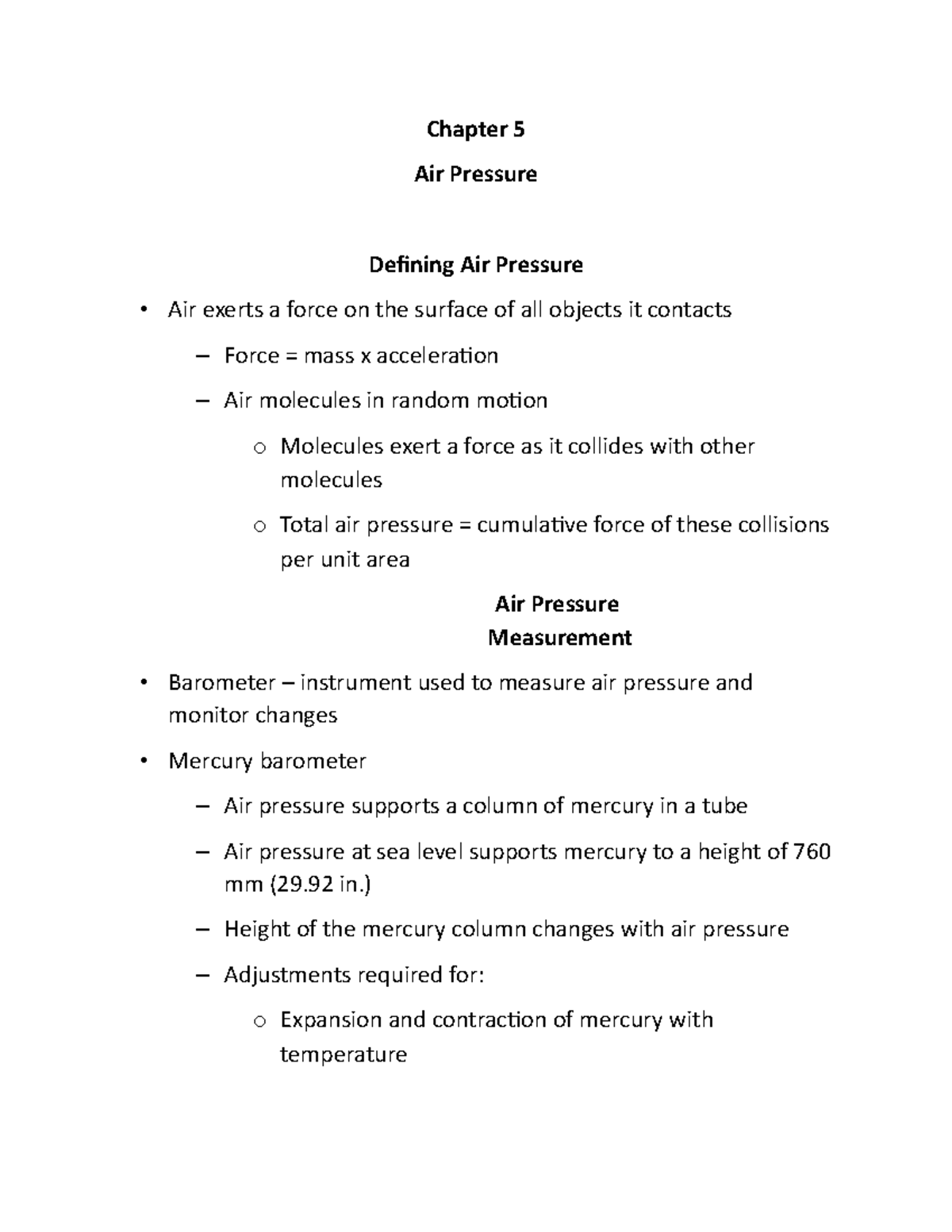 Introductiontoatmosphericsciencechapter 5notes - Chapter 5 Air Pressure ...