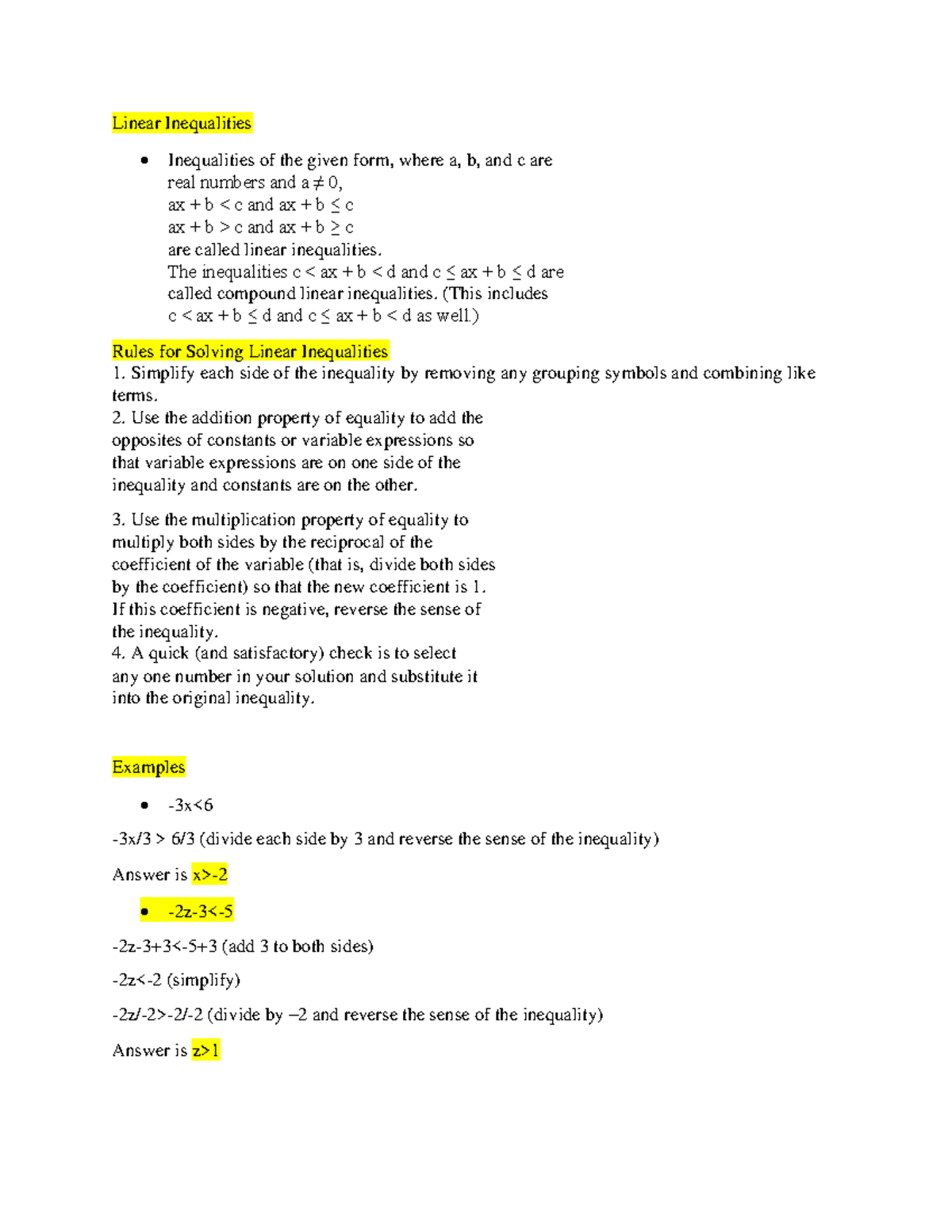 Math chapter 1 - notes - Linear Inequalities - Inequalities of the ...