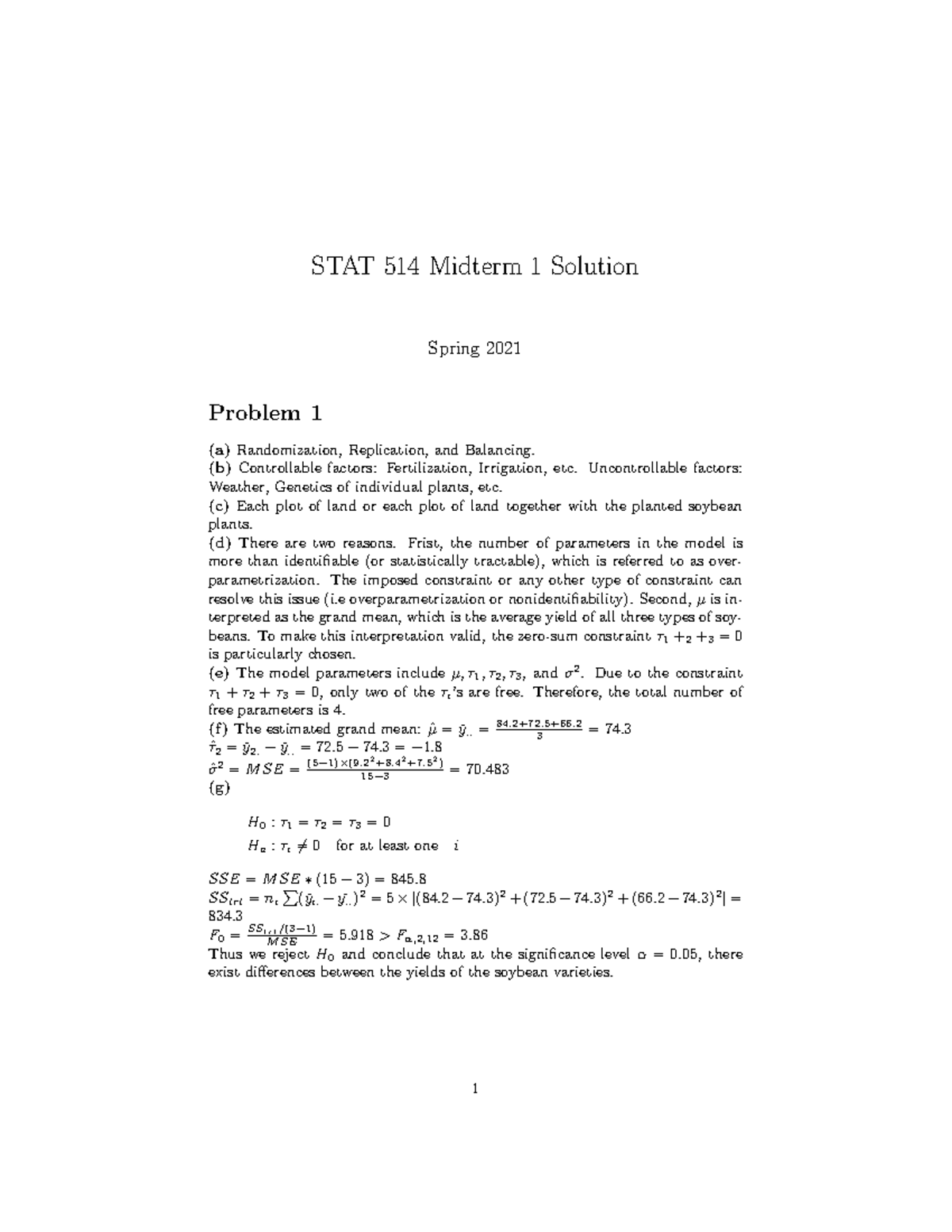 Midterm 1 Solutions - STAT 514 Midterm 1 Solution Spring 2021 Problem 1 ...