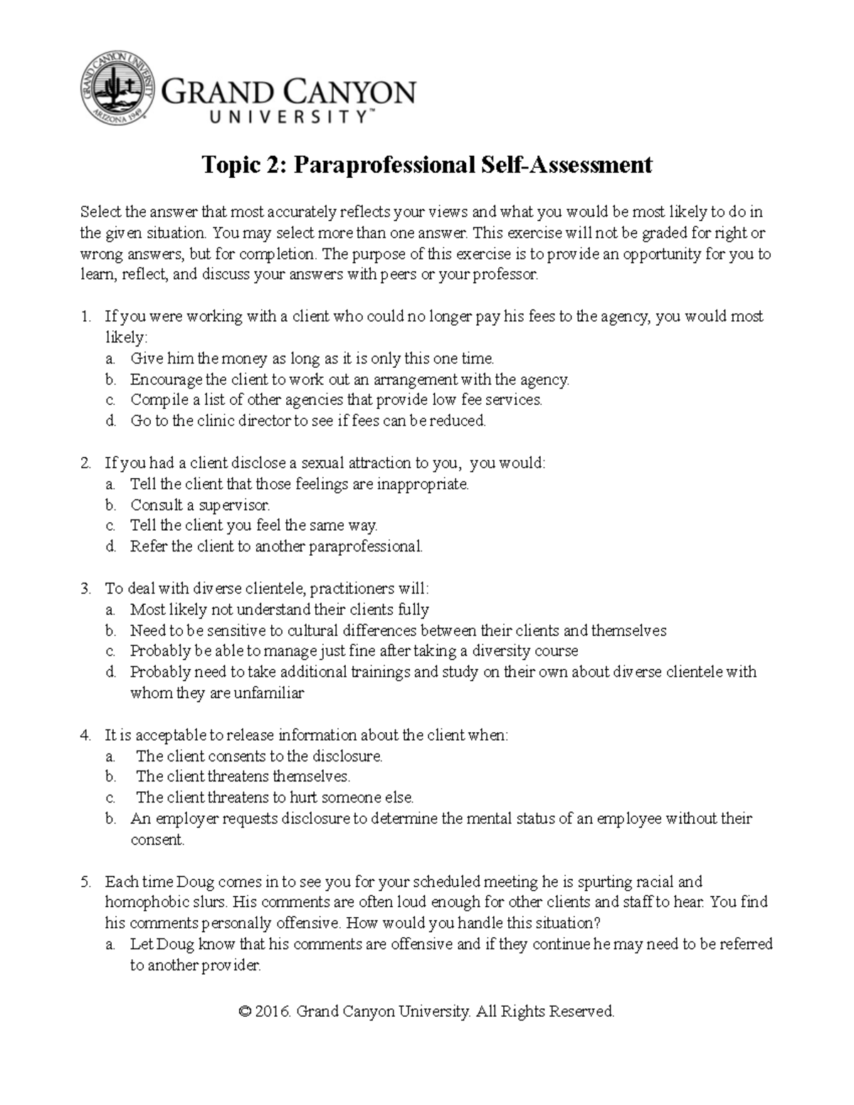 SELF Assessment BHS - Topic 2: Paraprofessional Self-Assessment Select ...