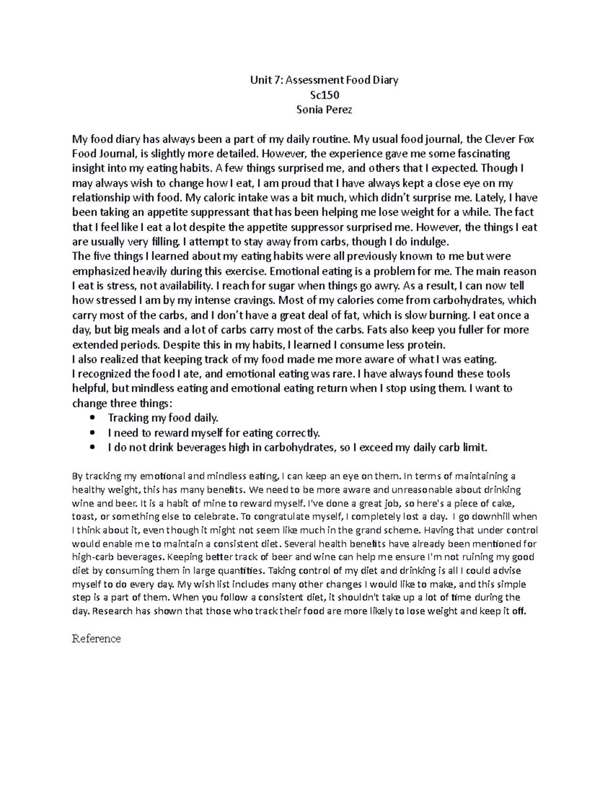 Food diary assessment sc150 - Unit 7: Assessment Food Diary Sc Sonia ...