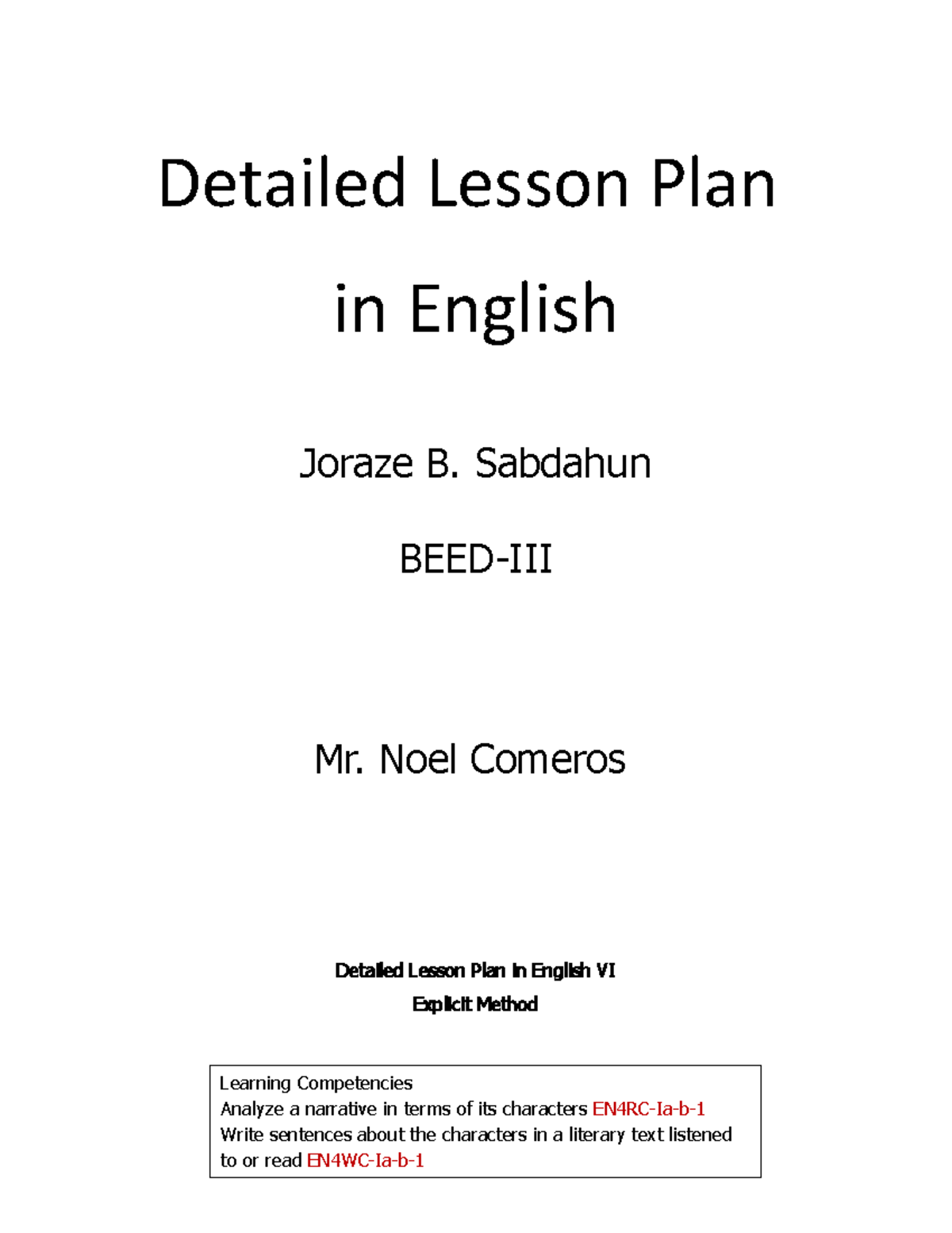Joarze Lp in english - None - Detailed Lesson Plan in English Joraze B ...