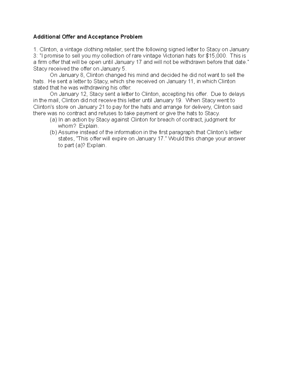 Additional Offer and Acceptance Problem - Additional Offer and ...