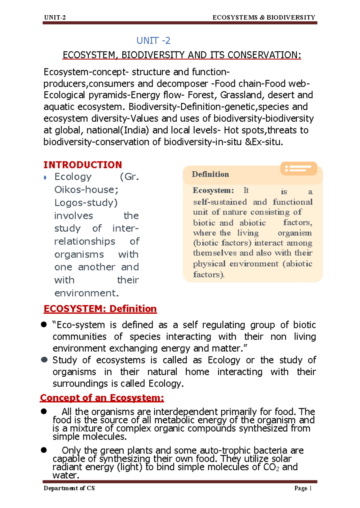 Unit2 ecosystem and biodiversity and its conservation notes - UNIT ...
