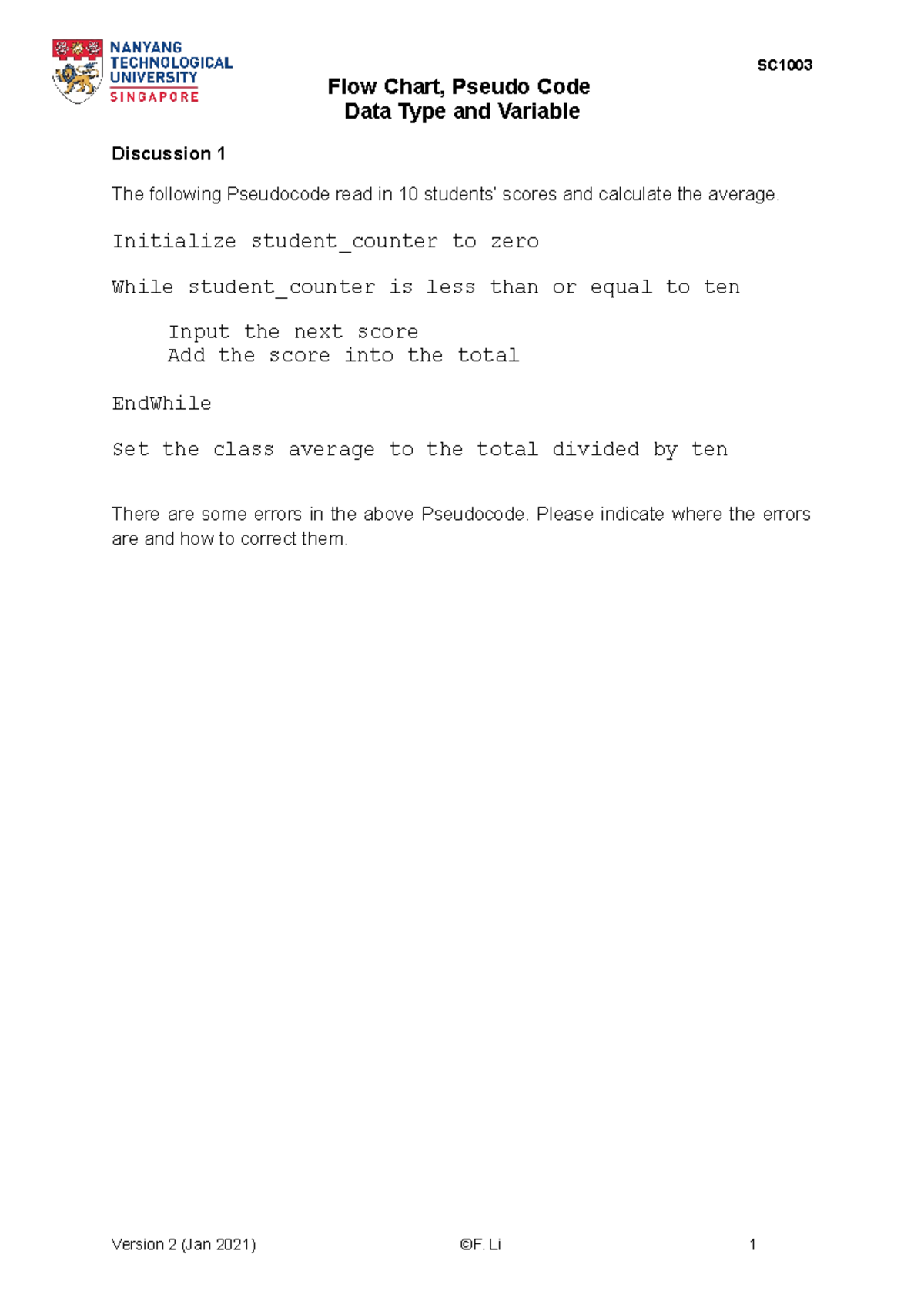 Sc1003 Discussion 1 Q Flow Chart Pseudo Code Data Type And Variable Flow Chart Pseudo