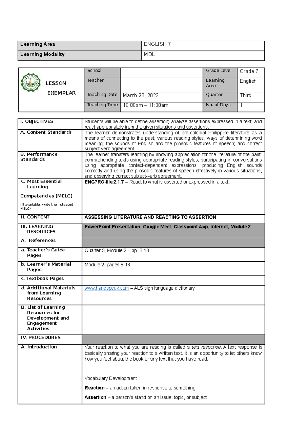 Educational Materials for Teaching and Learning - Learning Area ENGLISH ...