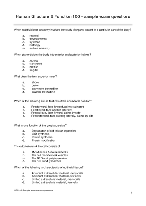 HSF e Test 1 sample paper - HUMB1000 Human Structure and Function eQuiz ...