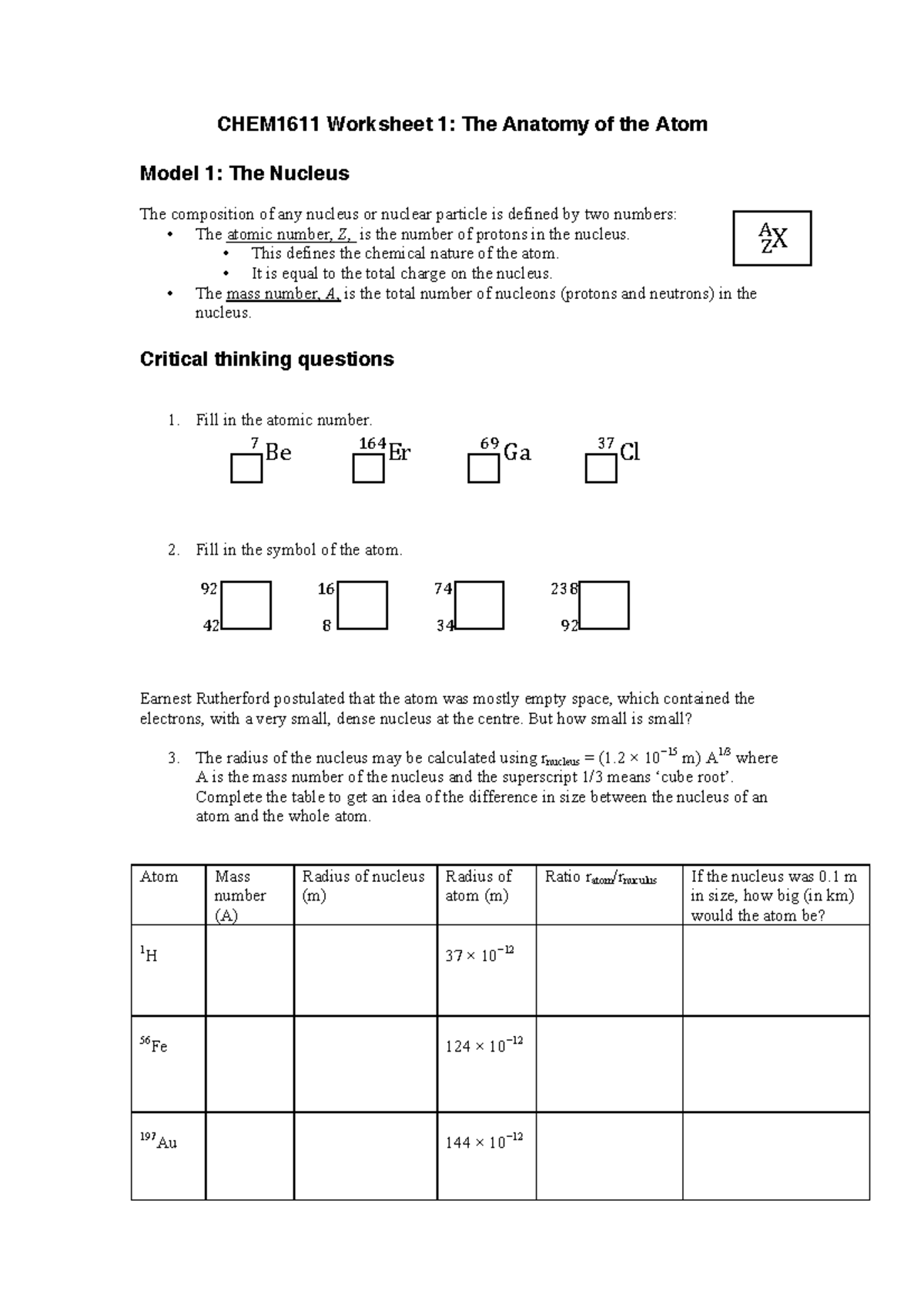 Tutorial 01 - CHEM1611 Worksheet 1: The Anatomy of the Atom Model 1 ...