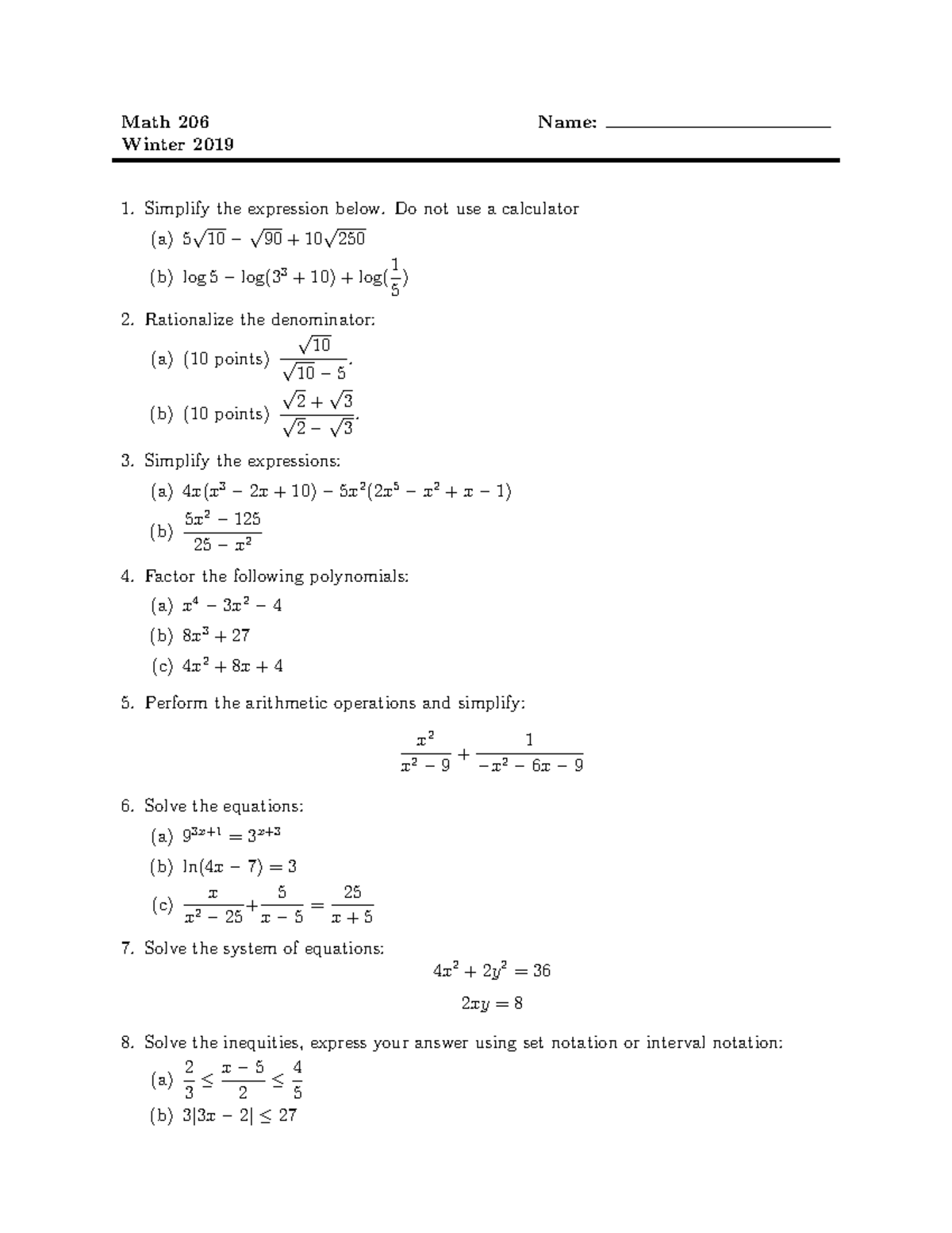 Finalmath 206 final - Math 206 Name: Winter 2019 Simplify the ...