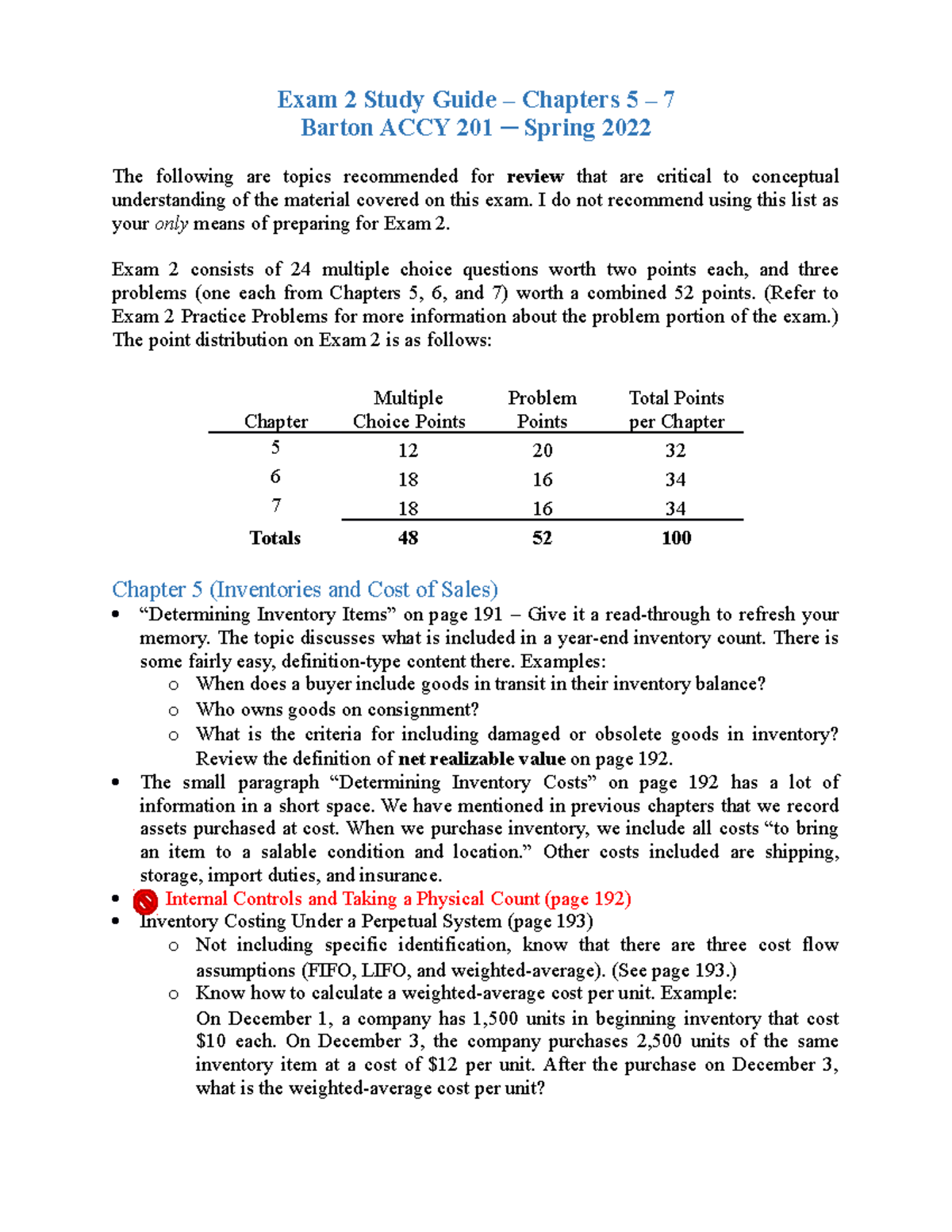 Exam 2 Study Guide - Exam 2 Study Guide Chapters 5 7 Barton ACCY 201 ...