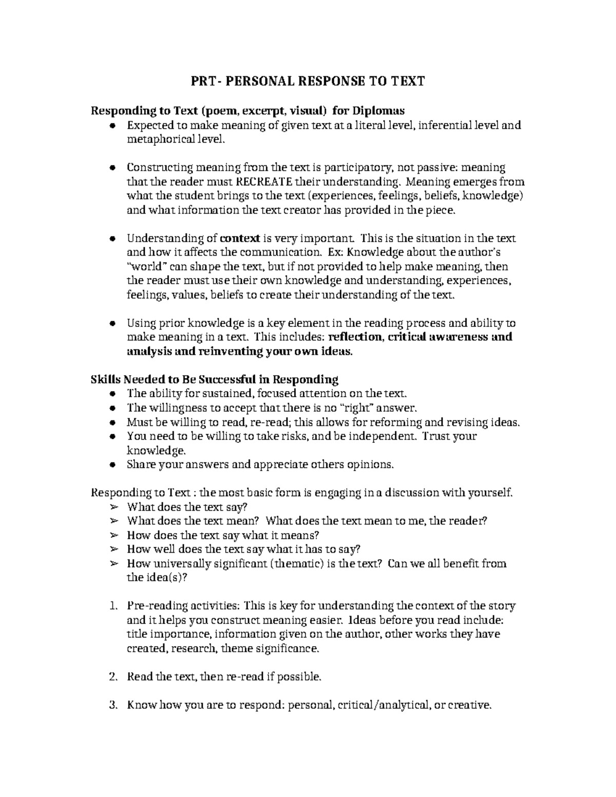 Copy of Responding to Text for Diplomas - PRT- PERSONAL RESPONSE TO ...
