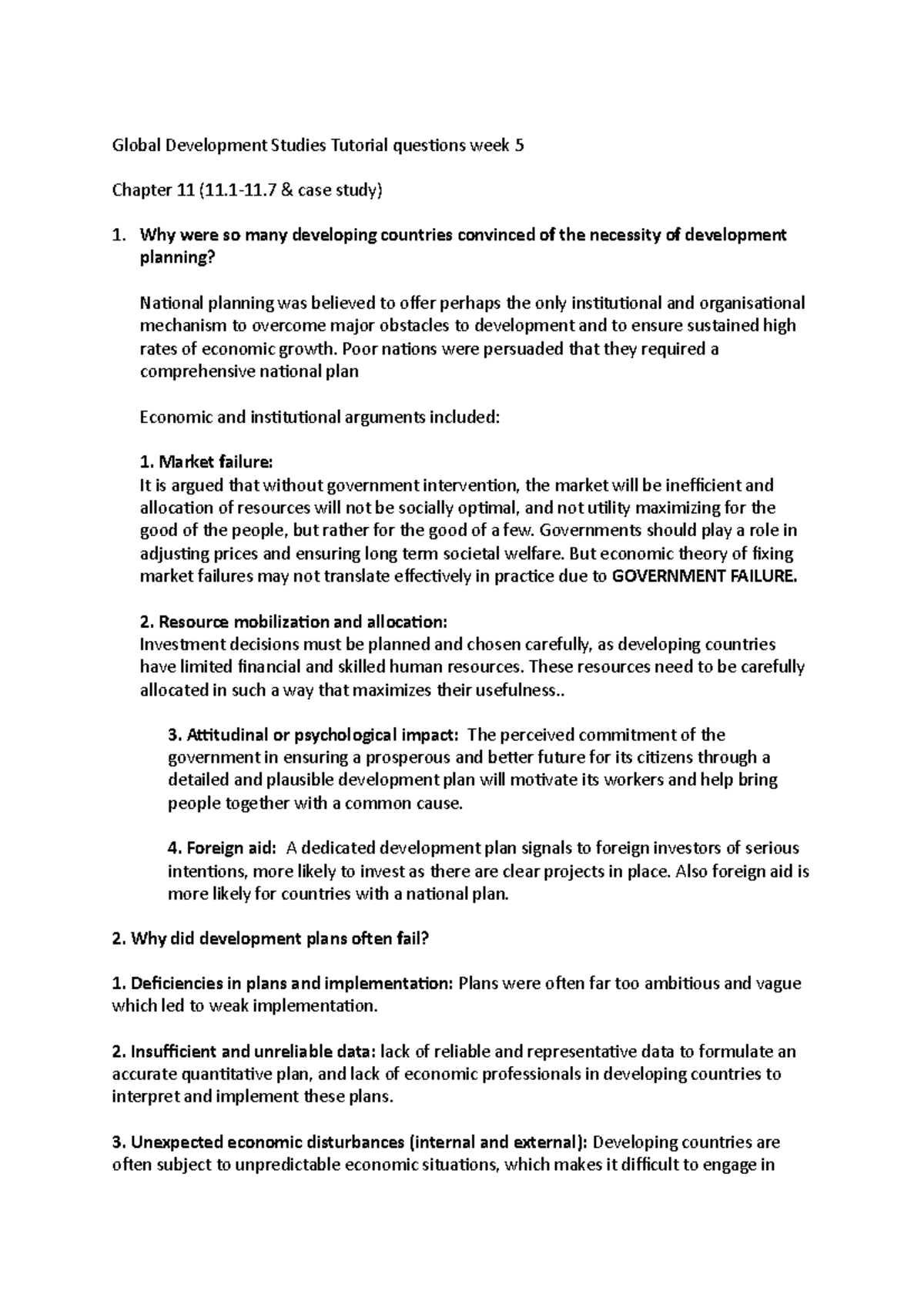 Global Development Studies Tutorial questions week 5 - 1-11 & case study) Why were so many ...