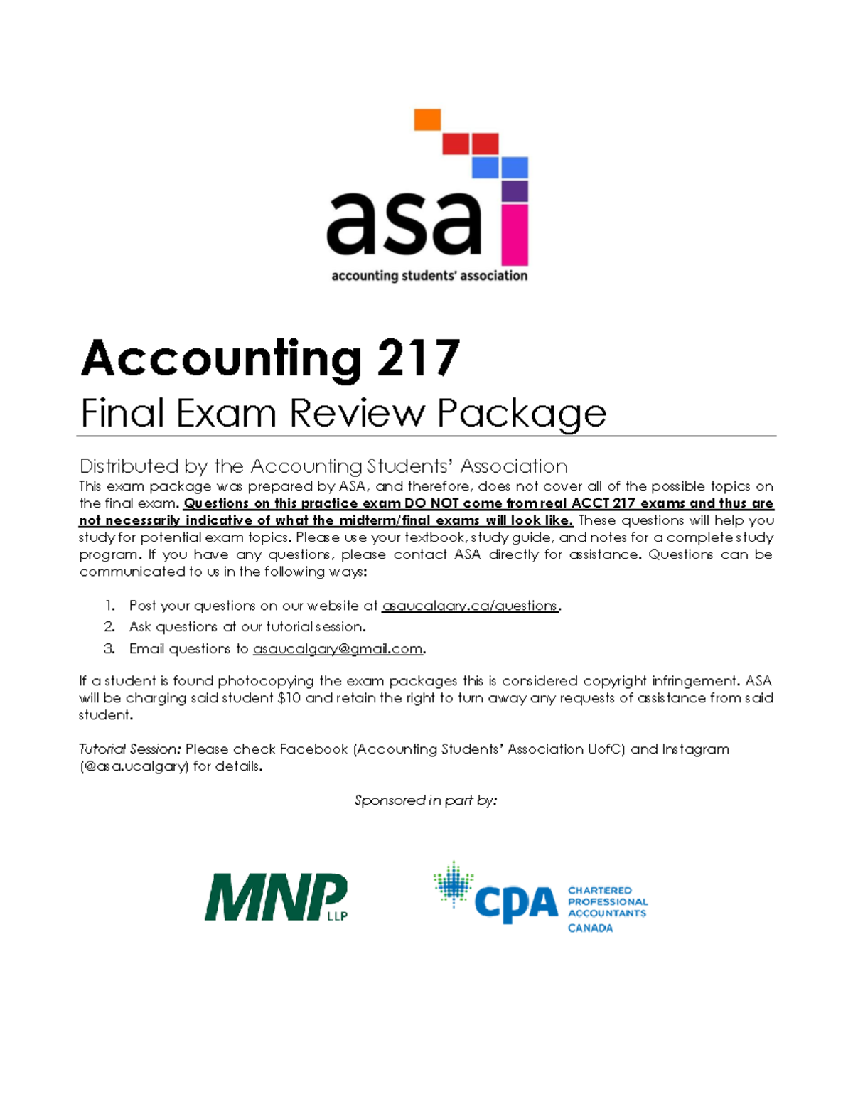 217 Final Exam Pack - yes - Accounting 217 Final Exam Review Package ...
