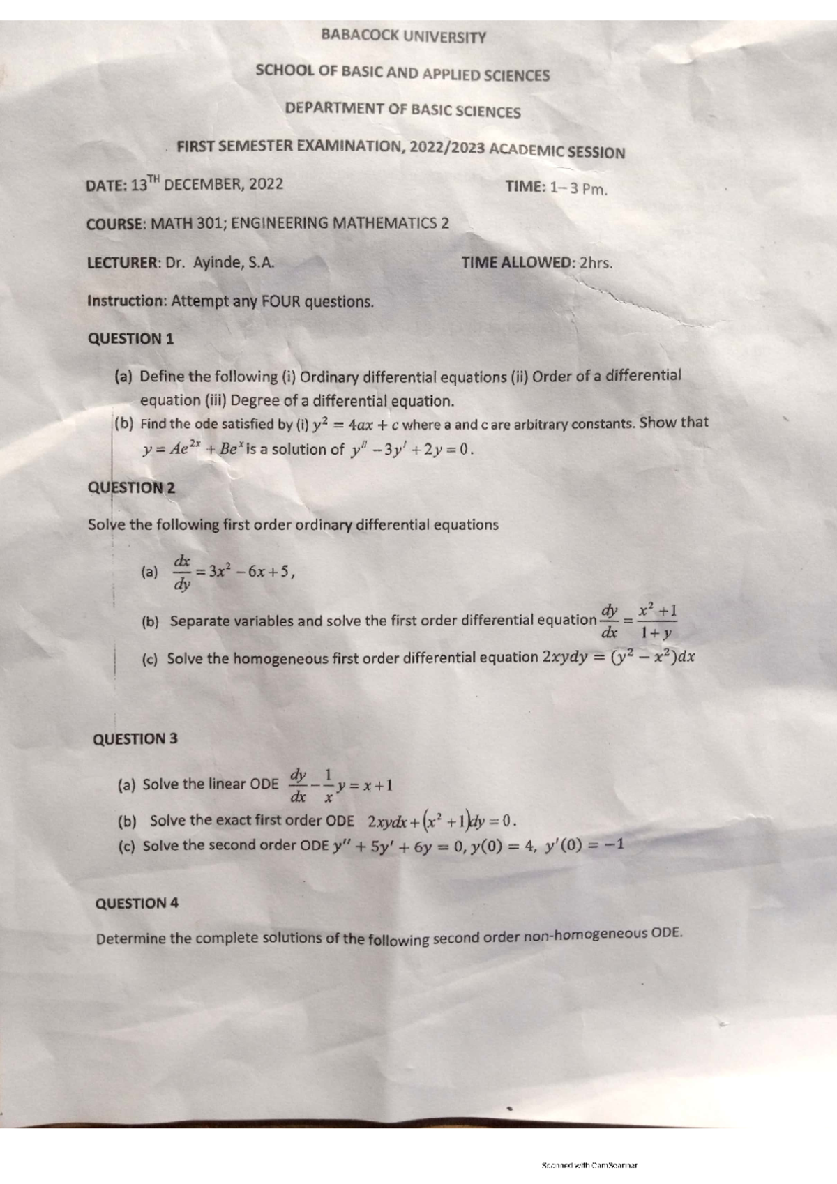 MATH 301 exam 22 23 - Engineering Mathematics - Studocu