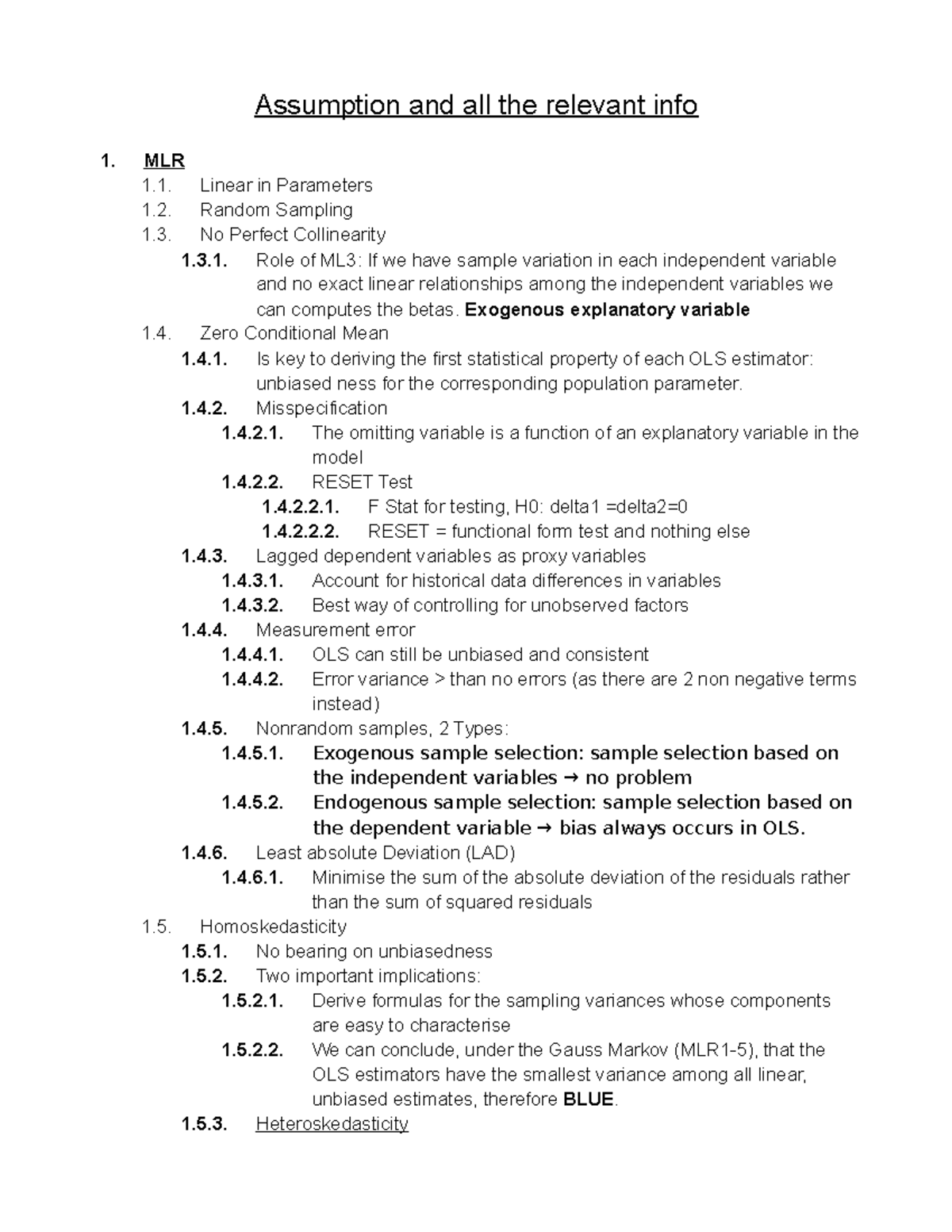 Assumptions + all info - Assumption and all the relevant info 1. MLR ...