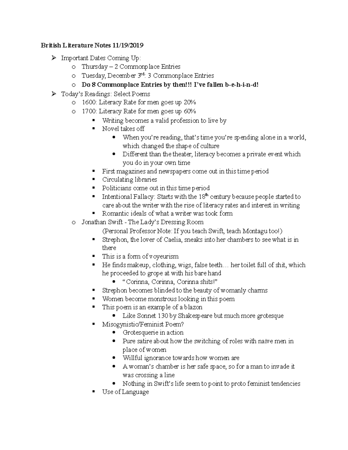 Brit Lit Before 1800 Notes Week 13 - British Literature Notes 11/19 ...