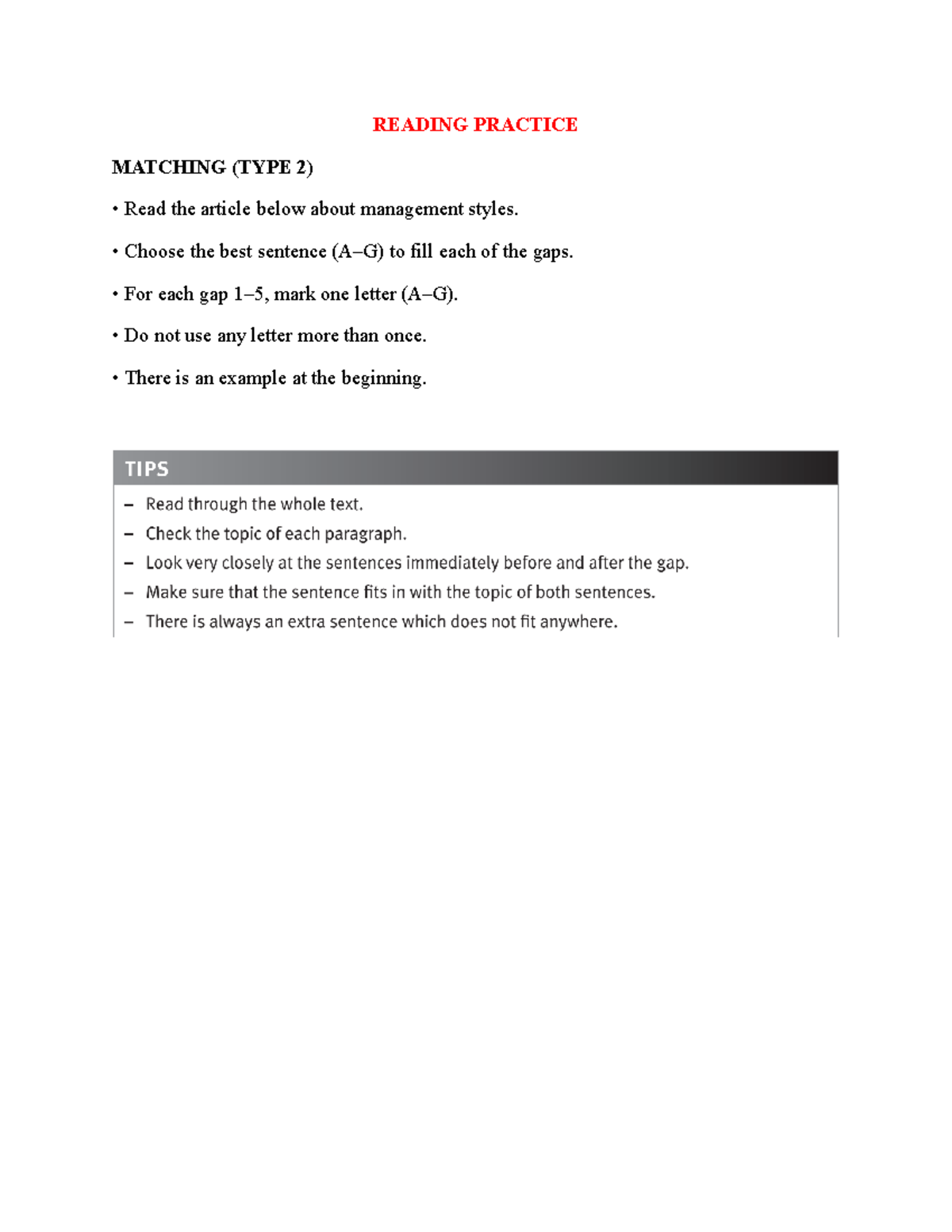 1. Matching (TYPE 2) - READING PRACTICE MATCHING (TYPE 2) Read the ...